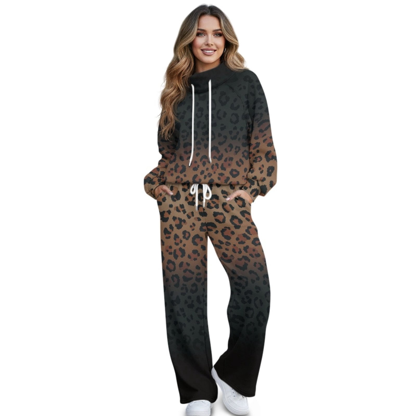 SCRAWLGOD Leopard Print Gradient Brown Gray Lounge Sets for Women ...