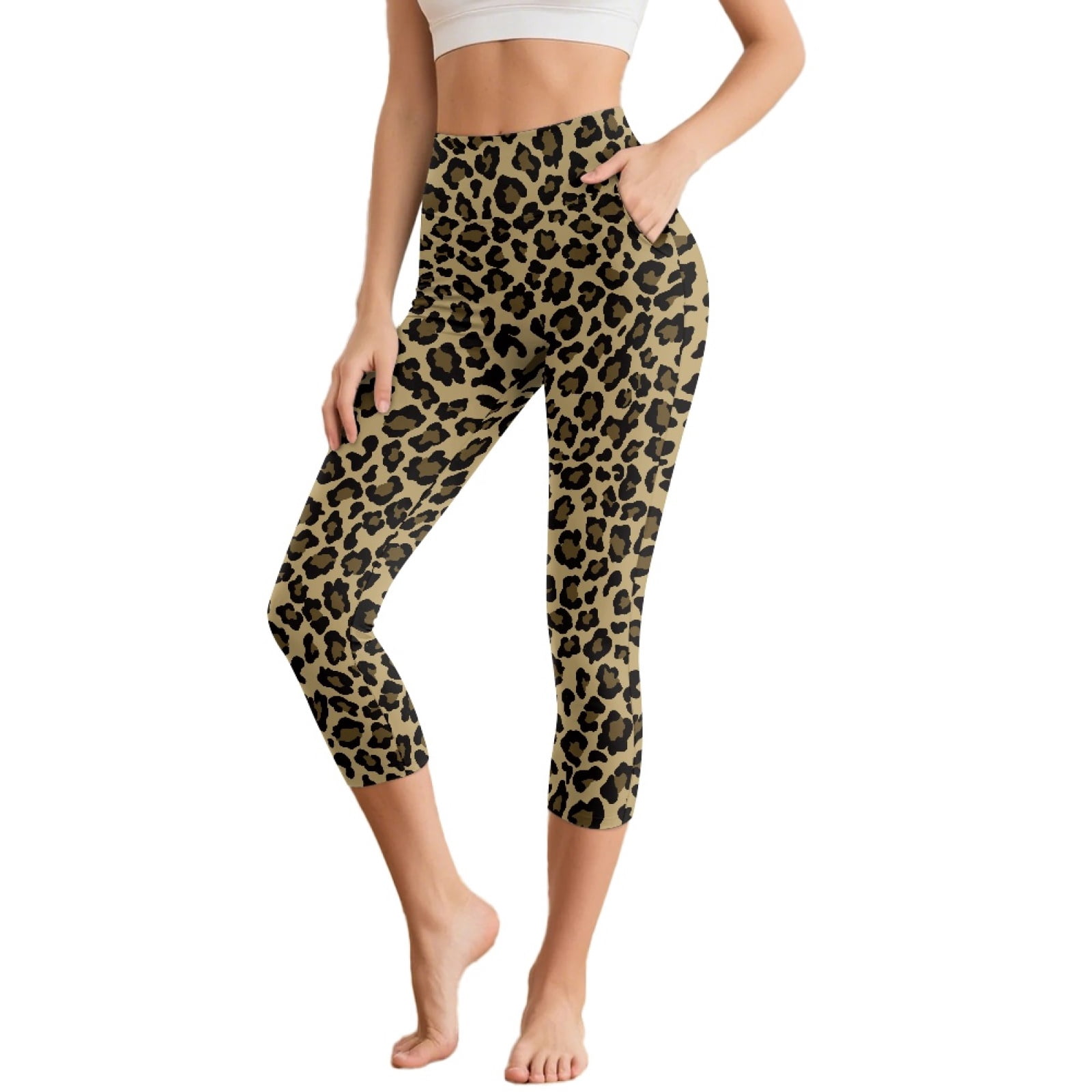 SCRAWLGOD Light Brown Leopard Print Women's Capri Leggings with Pockets ...