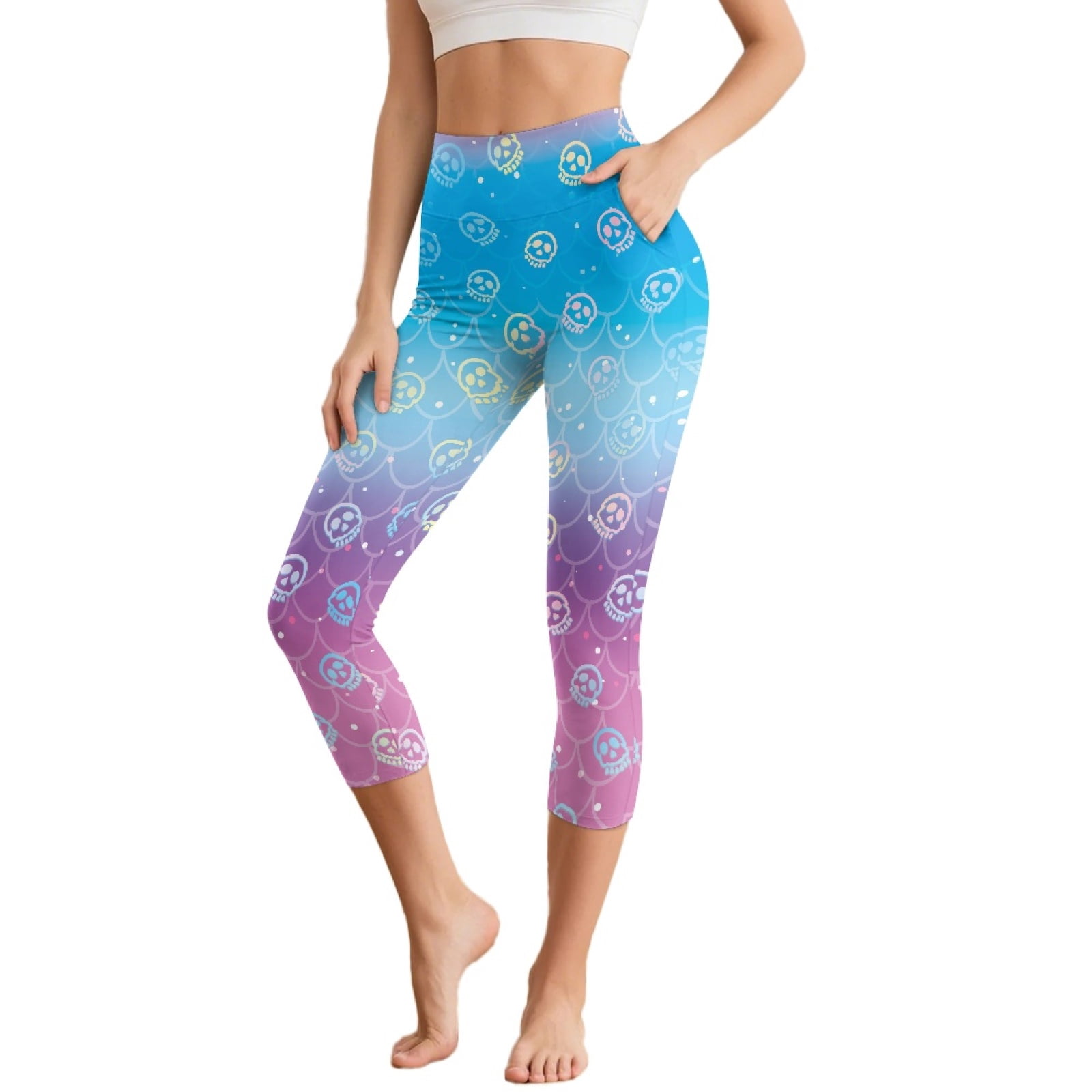 SCRAWLGOD Mermaid Scales Skull Gradient Women's High Waisted Capri ...