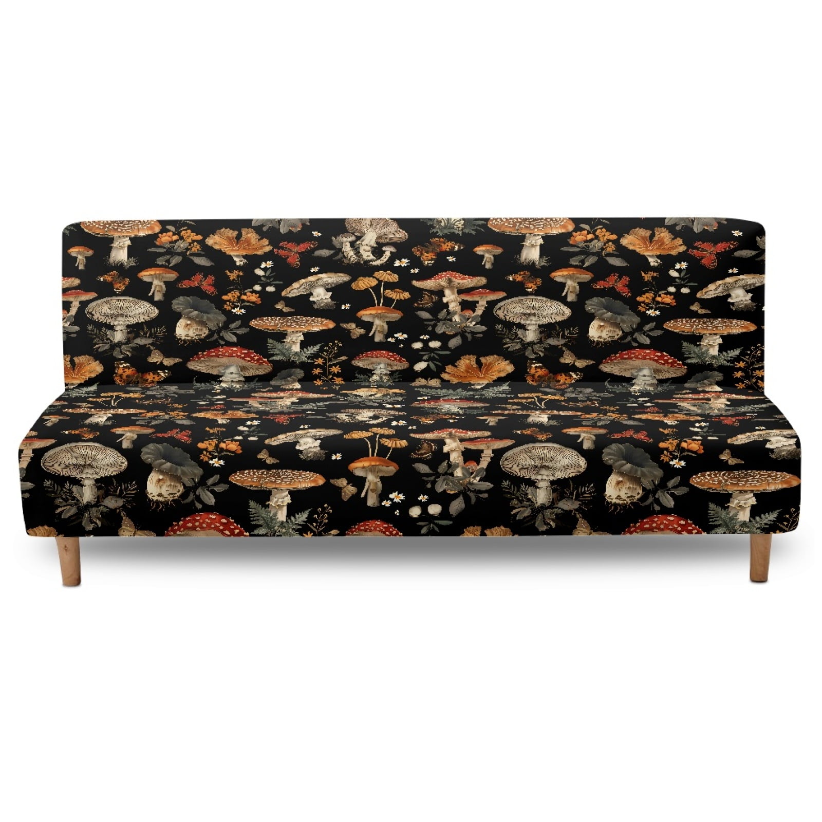 SCRAWLGOD Mushroom Floral Leaf Print Black Futon Cover for Armless Sofa ...