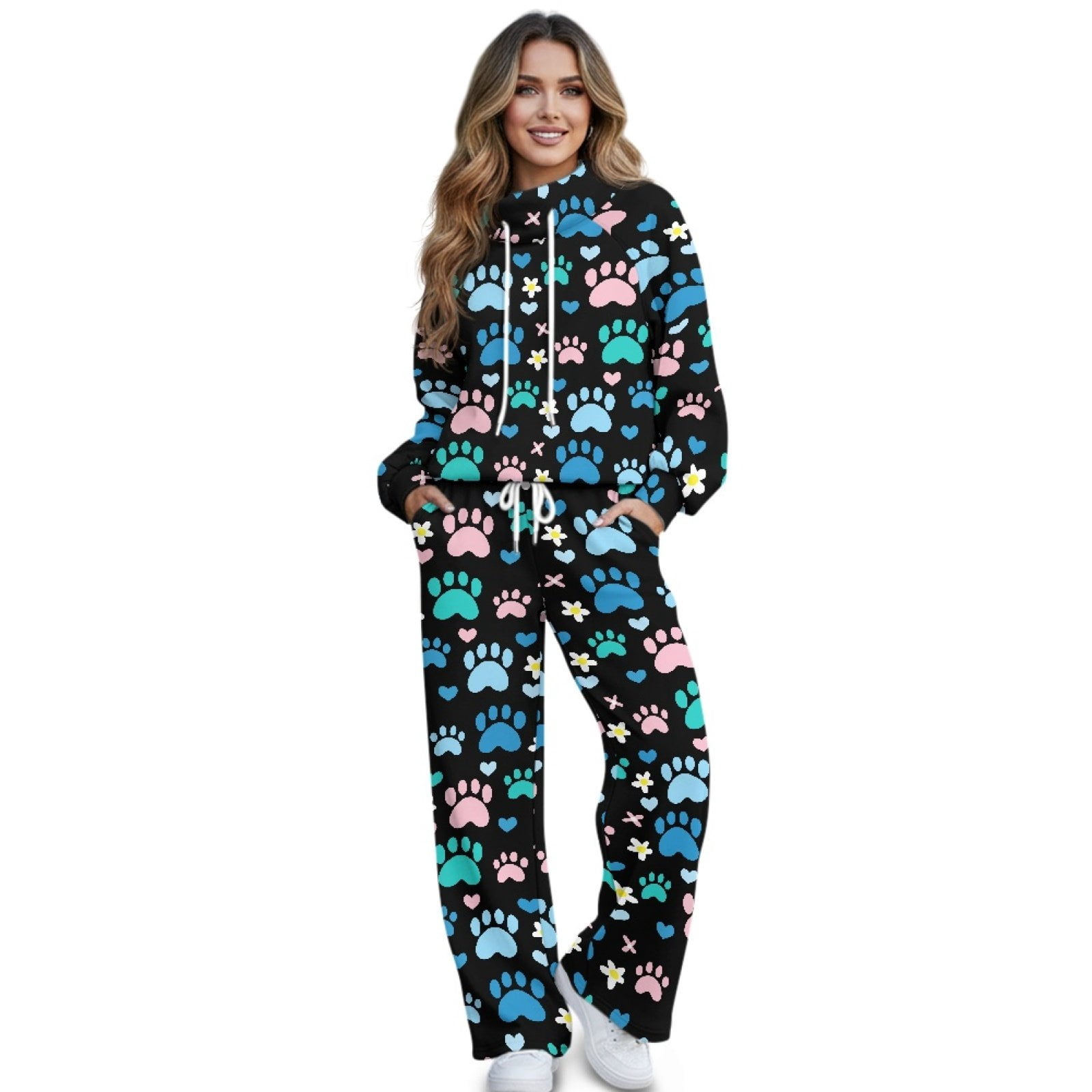 SCRAWLGOD Paws Floral Heart Print Blue Black Sweatsuits for Women 2 ...