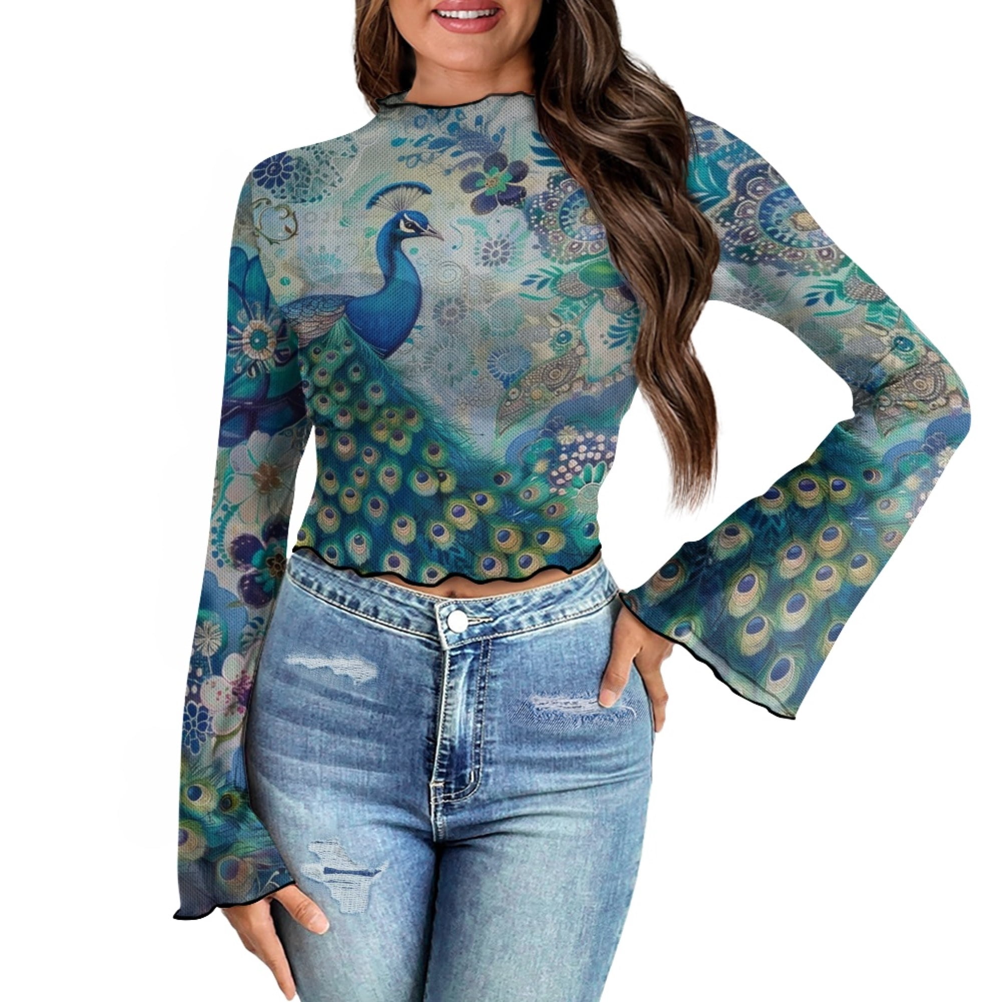 SCRAWLGOD Peacock Bell Sleeve Tops for Women Animal Print Flared Sleeve ...