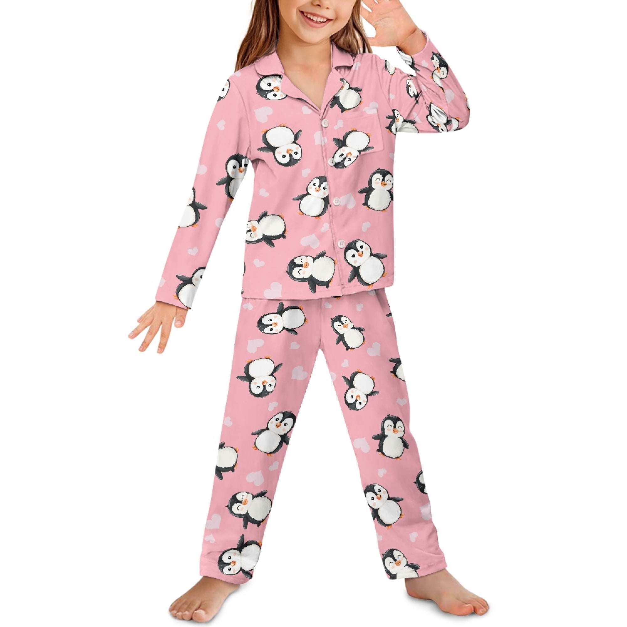 SCRAWLGOD Penguin Heart Girls Pajama Sets Long Sleeve Button Pajamas ...