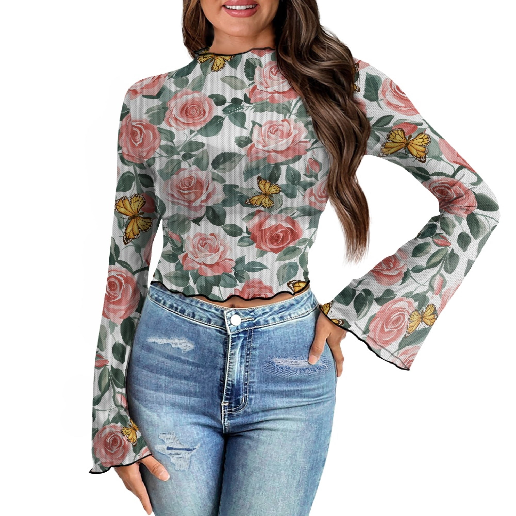 SCRAWLGOD Pink Flower Butterfly Women Bell Sleeve Tops Size L Summer ...