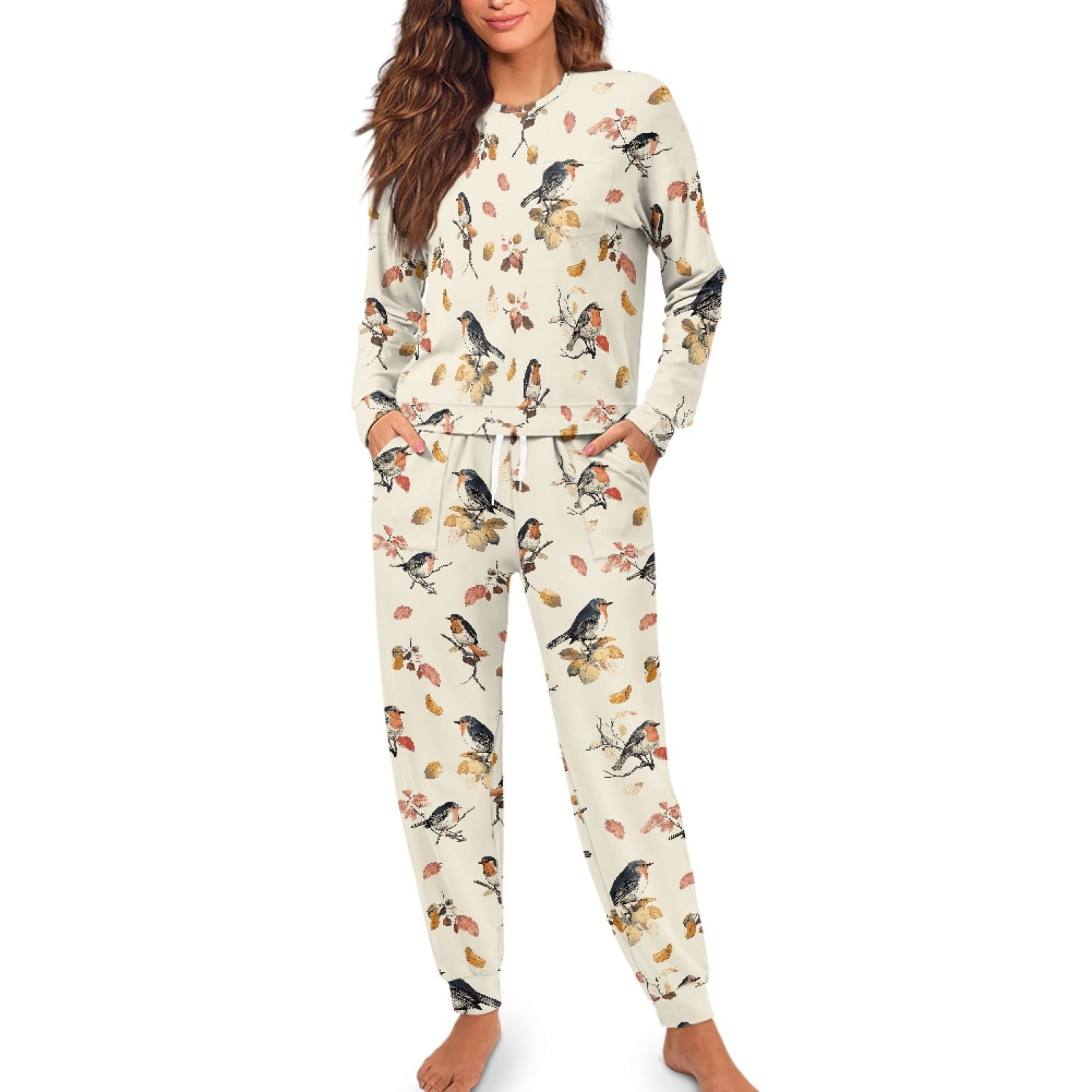 SCRAWLGOD Robin Leaf Beige Women's Soft Long Sleeve Sleep Set ...
