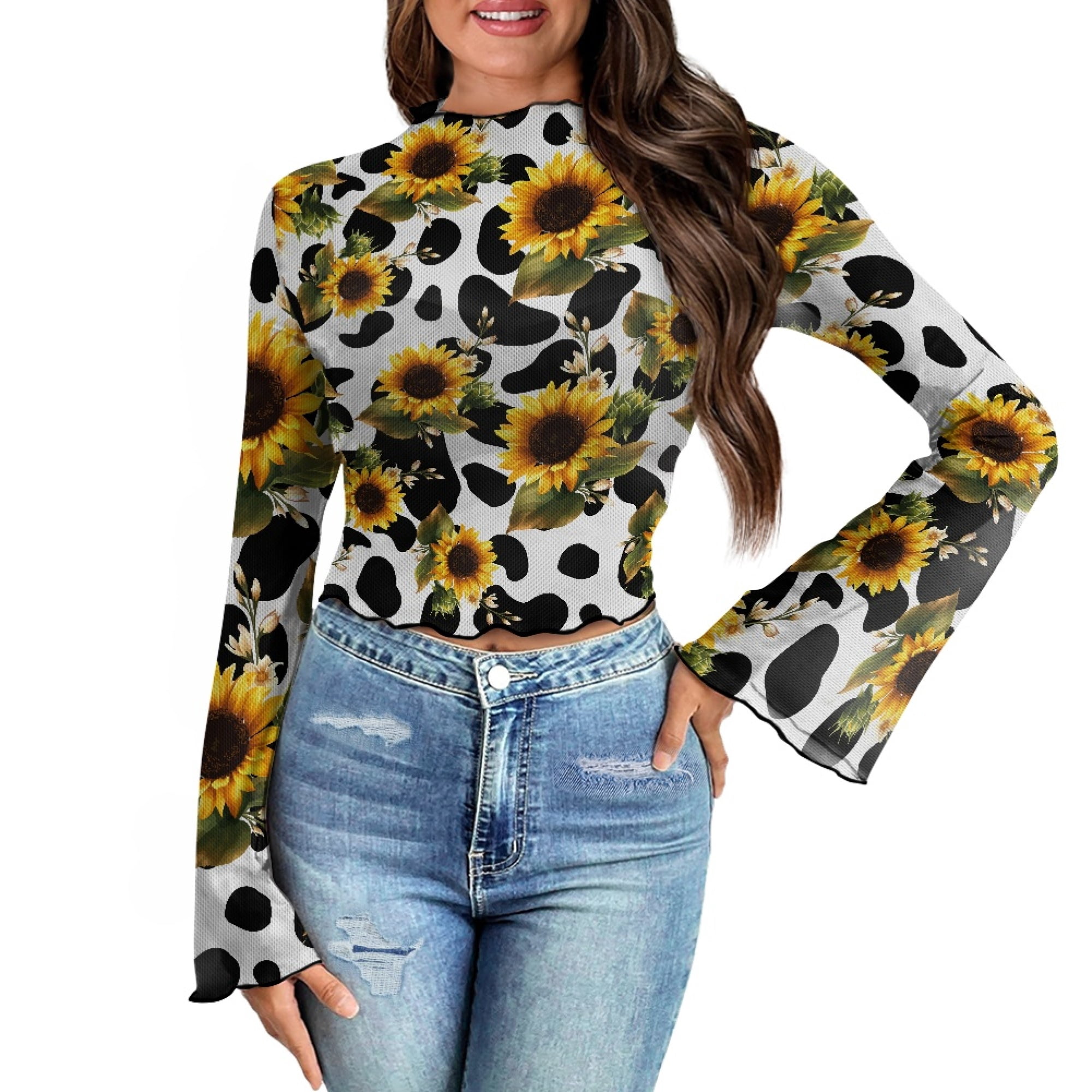 SCRAWLGOD Sunflower Cow Print Bell Sleeve Tops for Women Size XL Flared ...