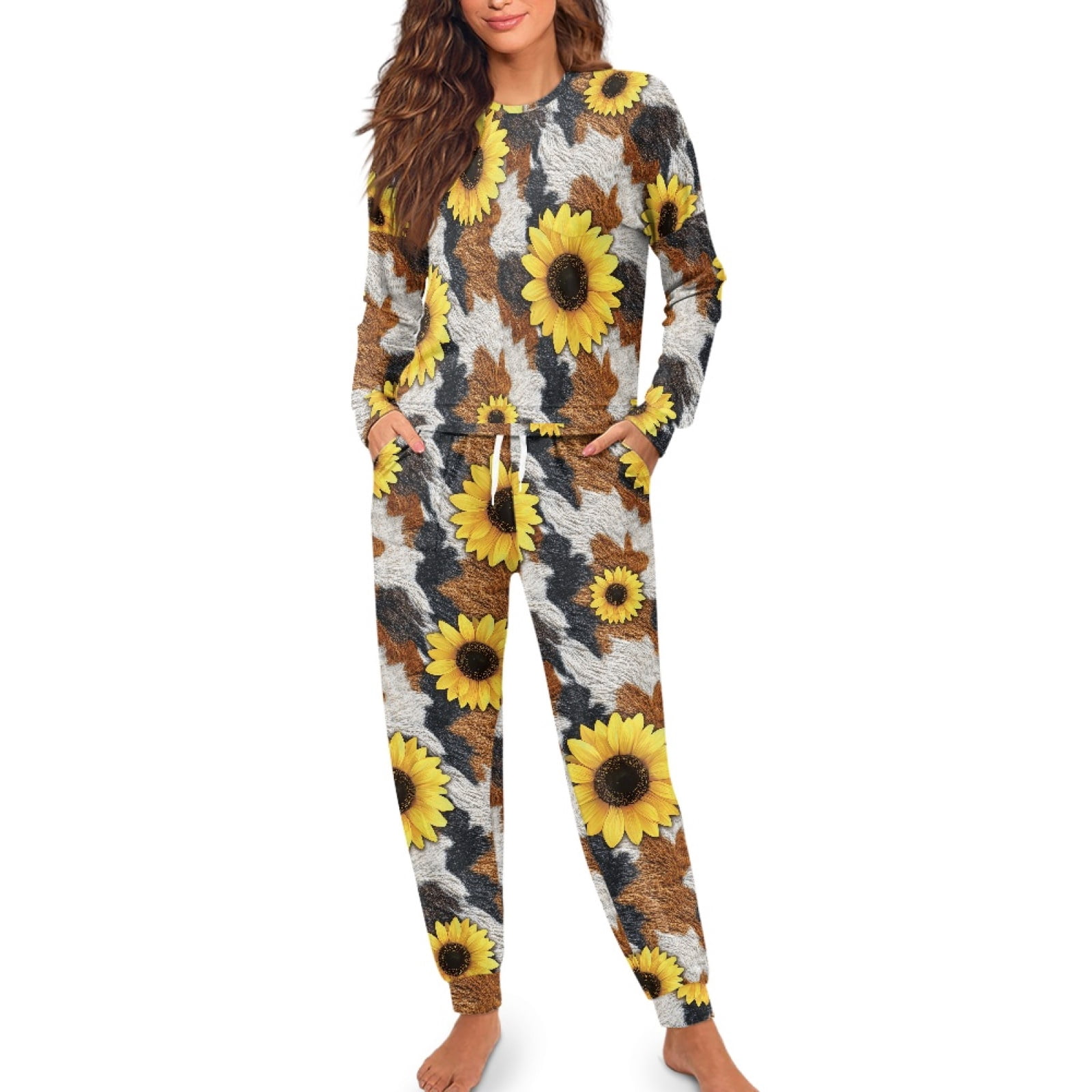 SCRAWLGOD Sunflower Cow Print Women's 2 Pieces Pajama Set Soft Round ...
