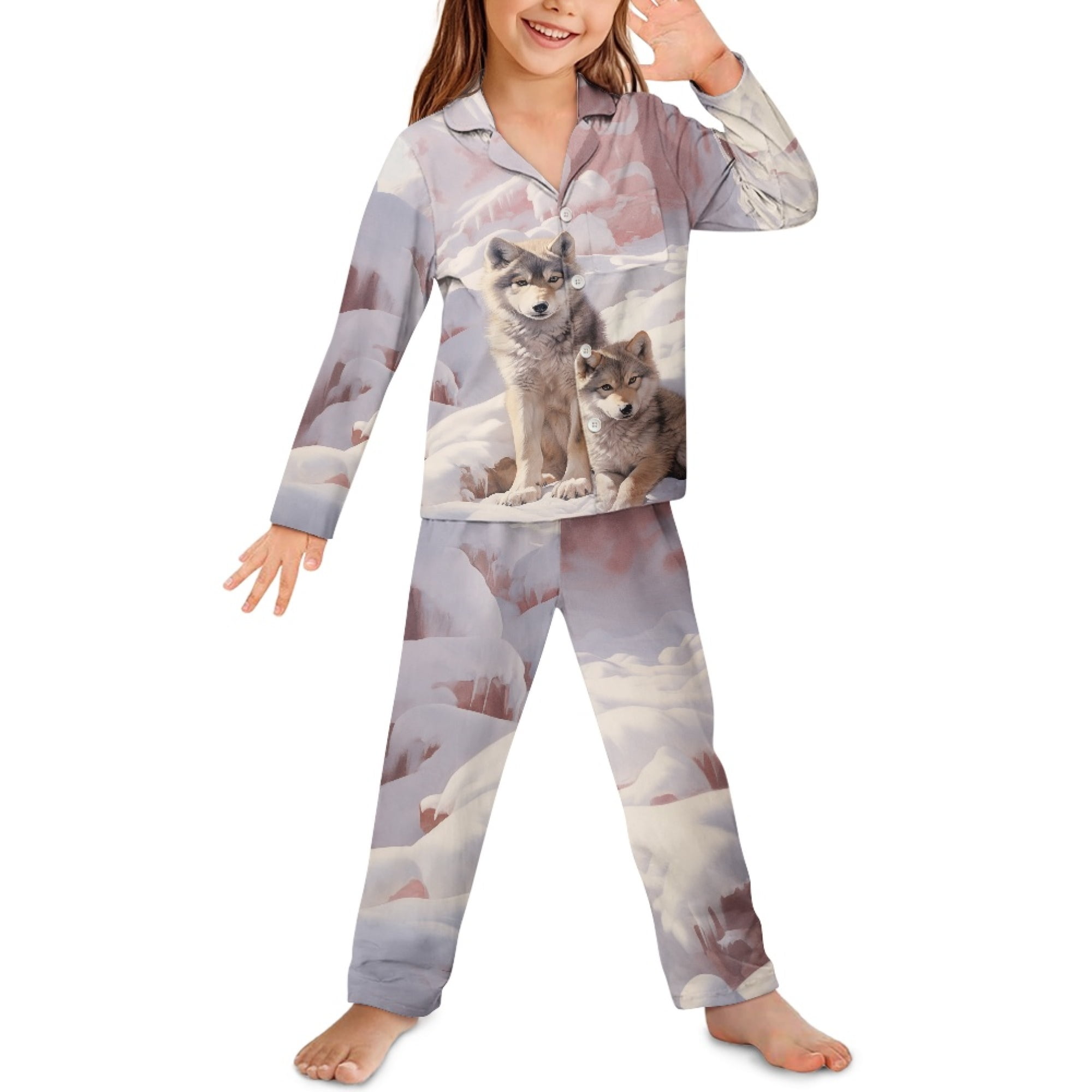 SCRAWLGOD Wolf Snow Button Up Pajamas for Girls 9-10 2 Piece Long ...
