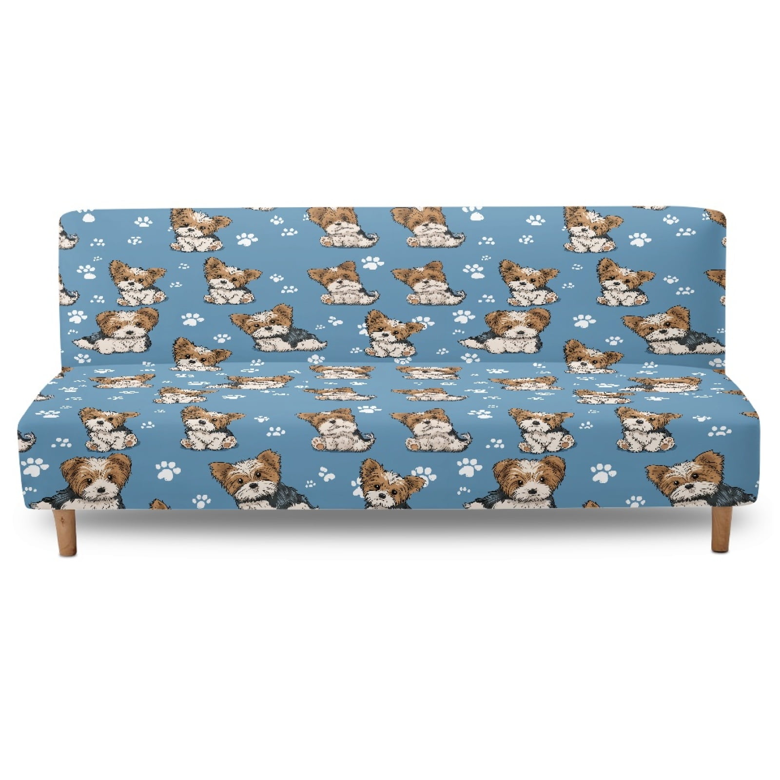SCRAWLGOD Yorkshire Terrier Paw Print Blue Futon Cover Stretch Armless ...