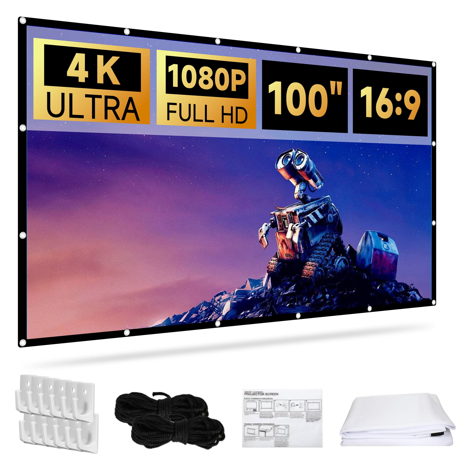SCREENMAX Projector Screen 100 inch, 16:9 4K HD Movie Portable ...