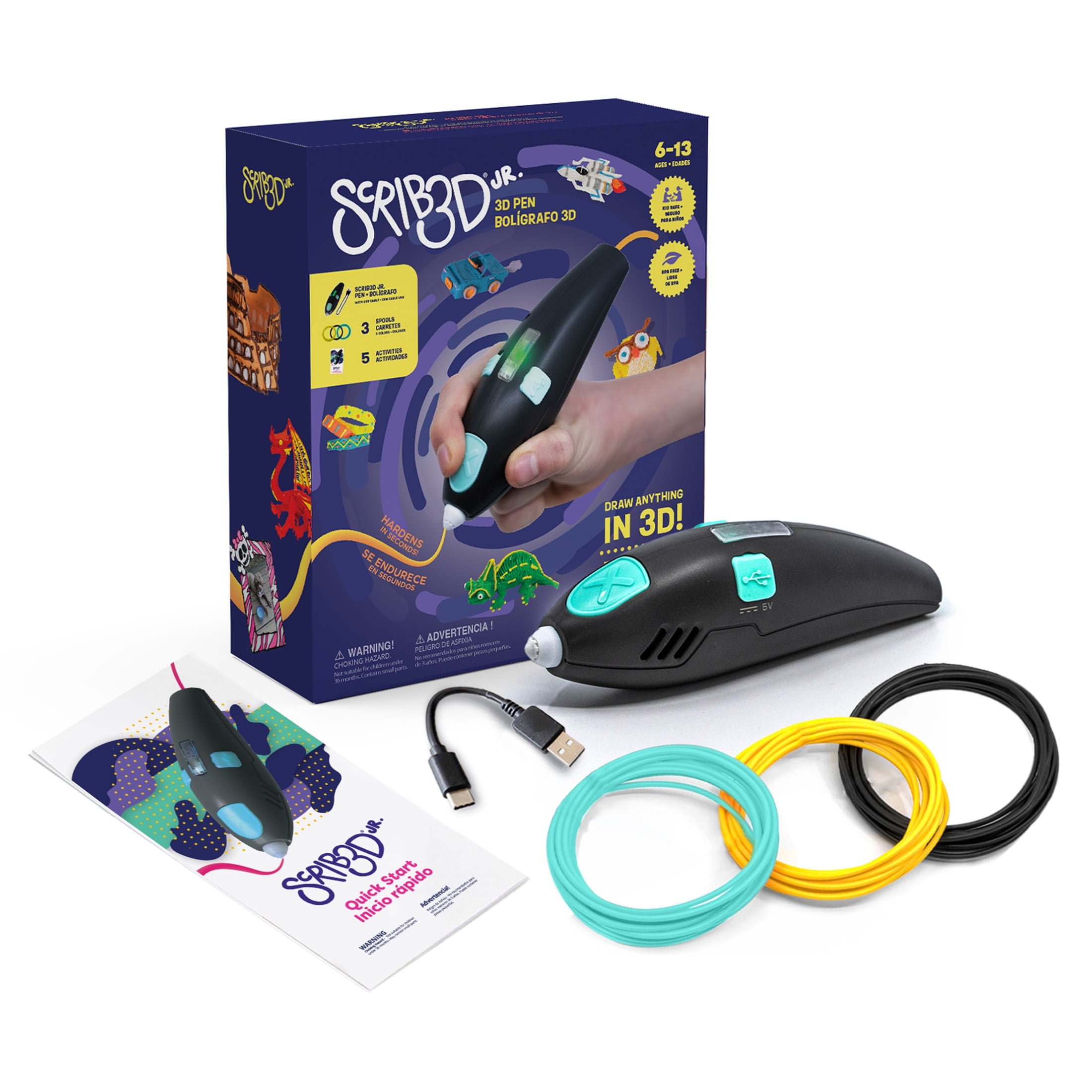SCRIB3D Junior, 3D Pen for Kids, No Hot Parts, Includes Free Plastic ...