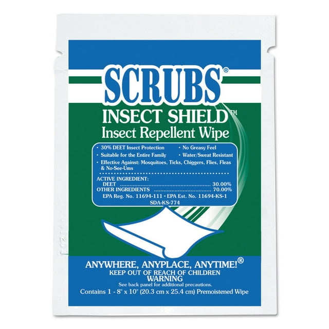 SCRUBS Insect Shield Insect Repellent Wipes, 8 x 10, White, 100/Carton ...