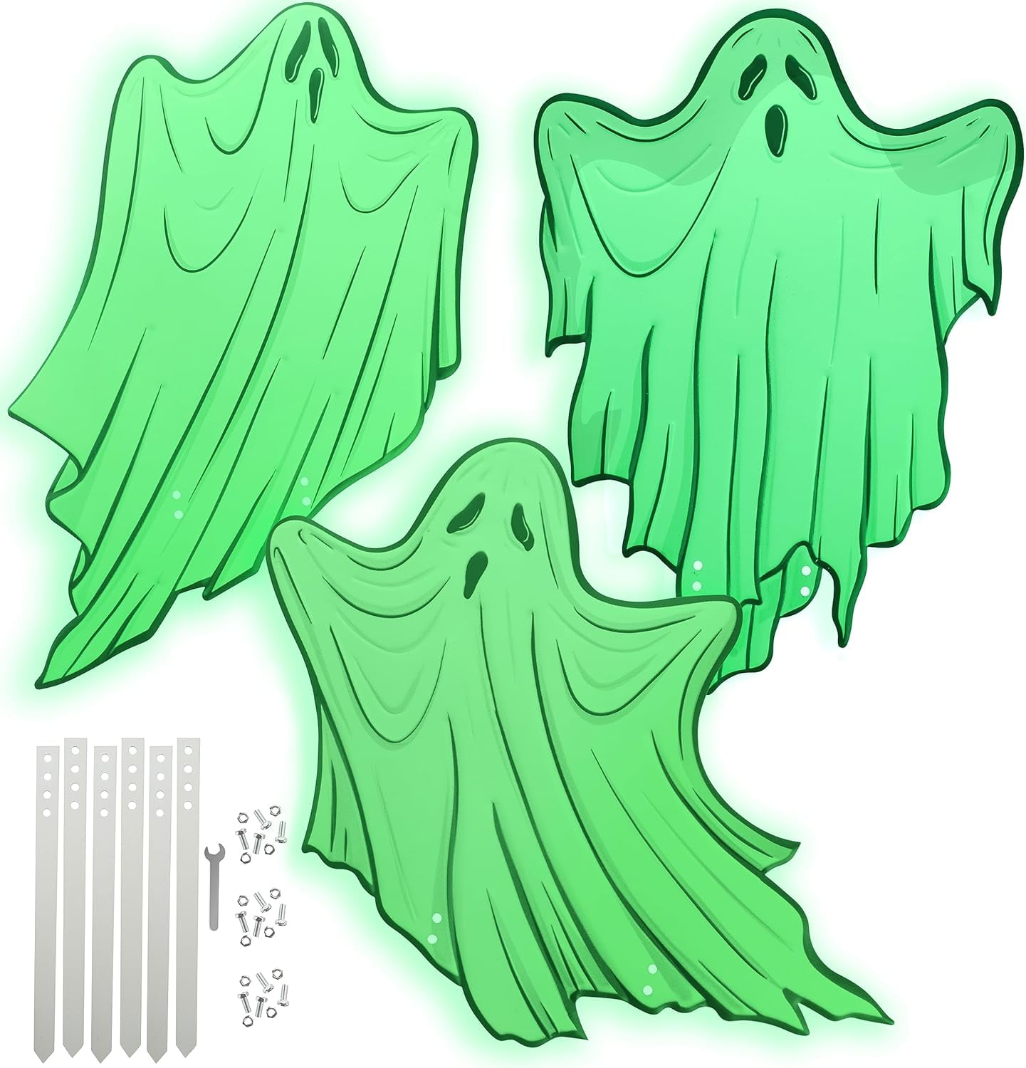 SCS Direct 3D Metal Glow in the Dark 17" Ghosts w Stakes (3 Unique ...