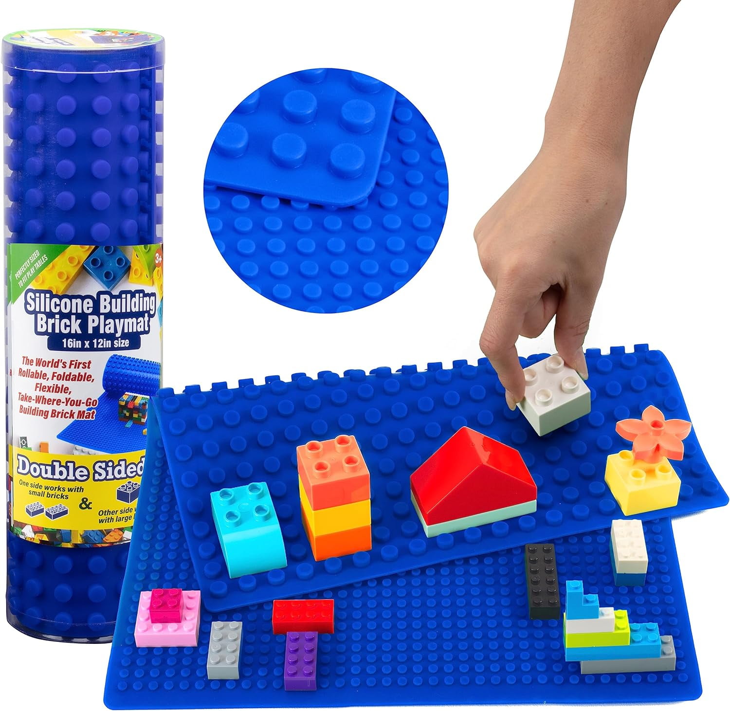 SCS Direct Brick Building Blocks Silicone Game Mat - 16" Blue Rollable ...