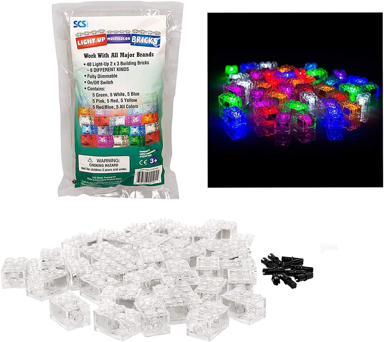 SCS Direct Light Up Building Bricks - Set of 40 Blocks w On/Off Switch ...