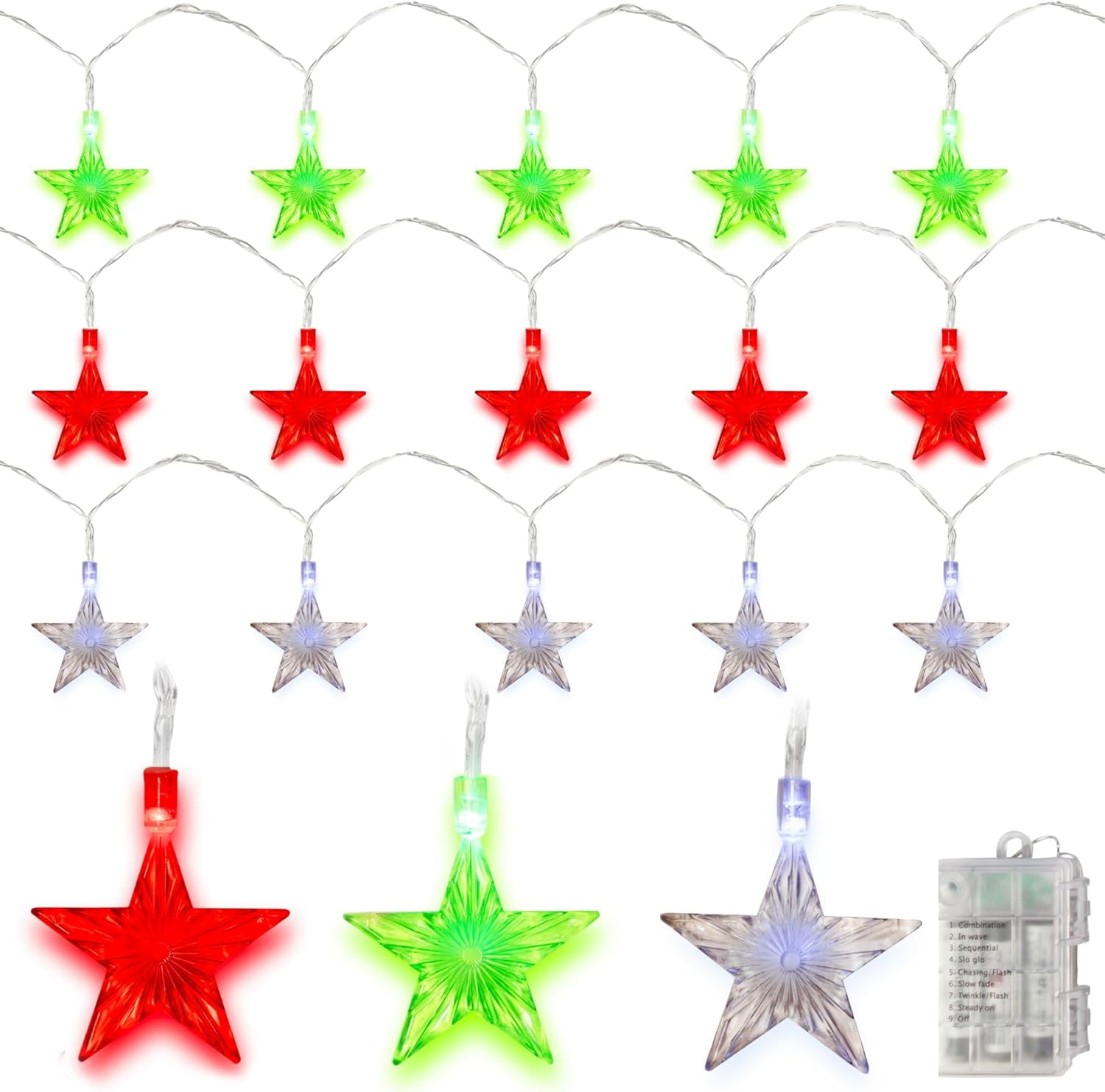 SCS Direct Stars 10ft String Light 3 Pack (Red, Green, White) 60 Total ...