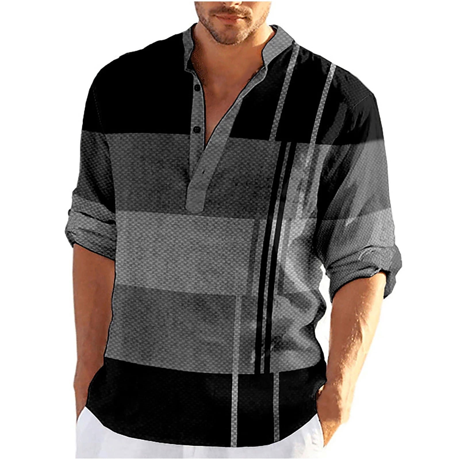SCSAlgin Men's Shirt Plaid Patchwork Graphic Prints Geometry Stand ...