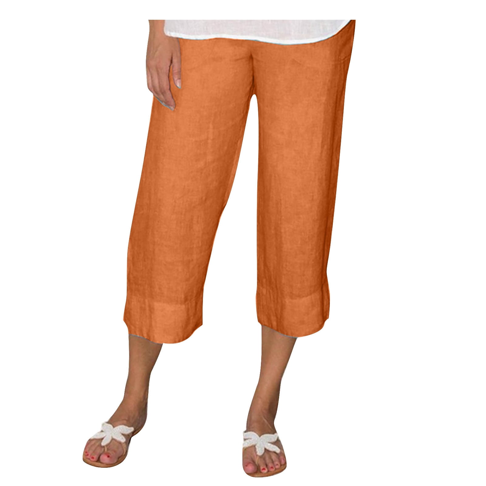SCSAlgin Plus Size Women Capri Pants for Summer Casual Cotton Linen Solid Capris Loose Fitting ...