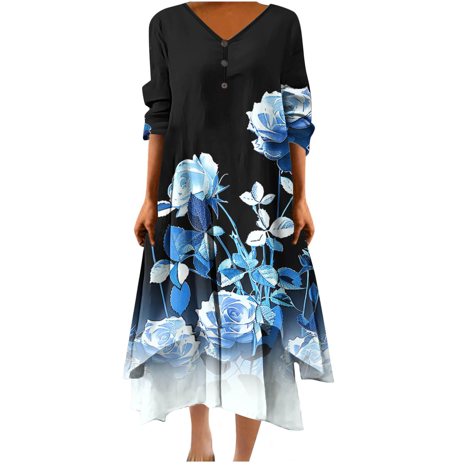 SCSAlgin Plus Size Women's Casual V Neck Button Down Dresses 3/4 Sleeve ...