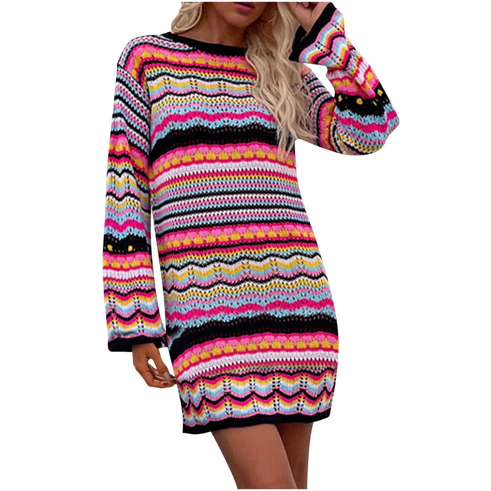 SCSAlgin Women Crochet Knit Mini Dress Long Sleeve Colorful Stripe Mesh ...
