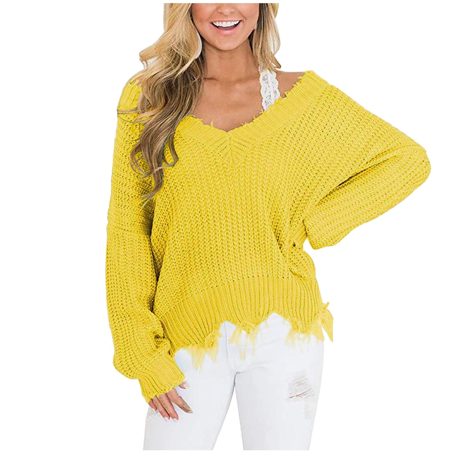 SCSAlgin Women Cute Ripped Knitted Sweaters Distressed Oversized Crop ...