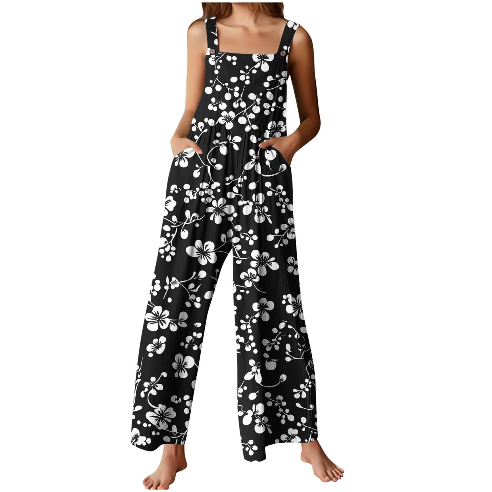 SCSAlgin Women Sleeveless Floral Bib Overalls Wide Leg Jumpsuit Flowy ...