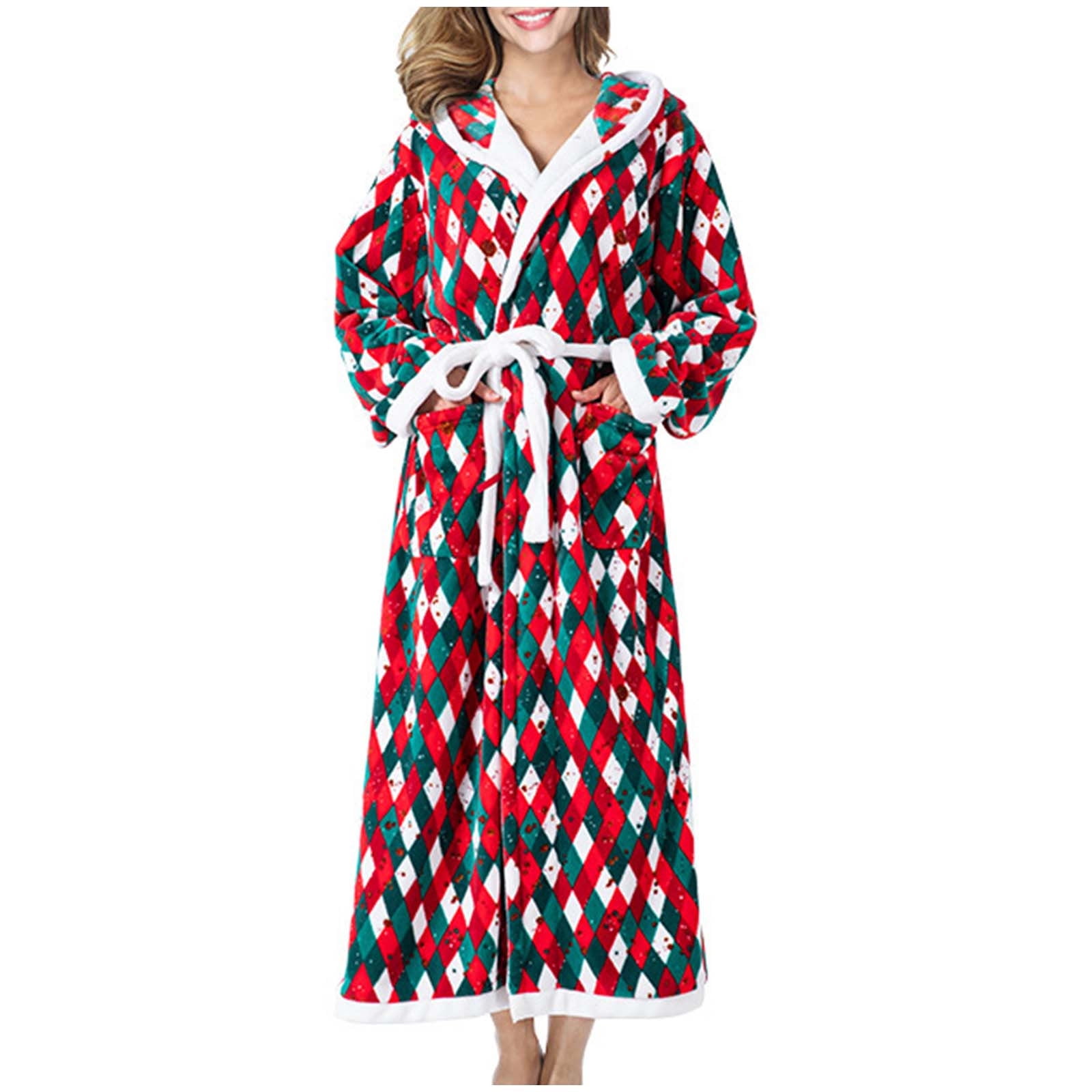 SCSAlgin Women's Bathrobe Christmas Plaid Print Hooded Belted ...