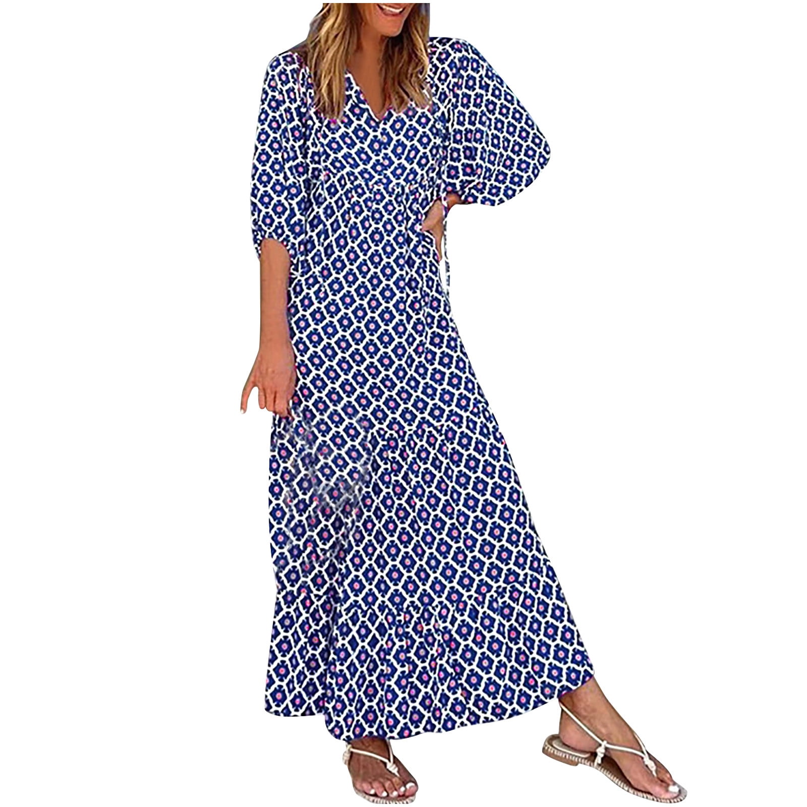 SCSAlgin Women's Elegant Geometric prints Dresses Puff Sleeves V Neck ...