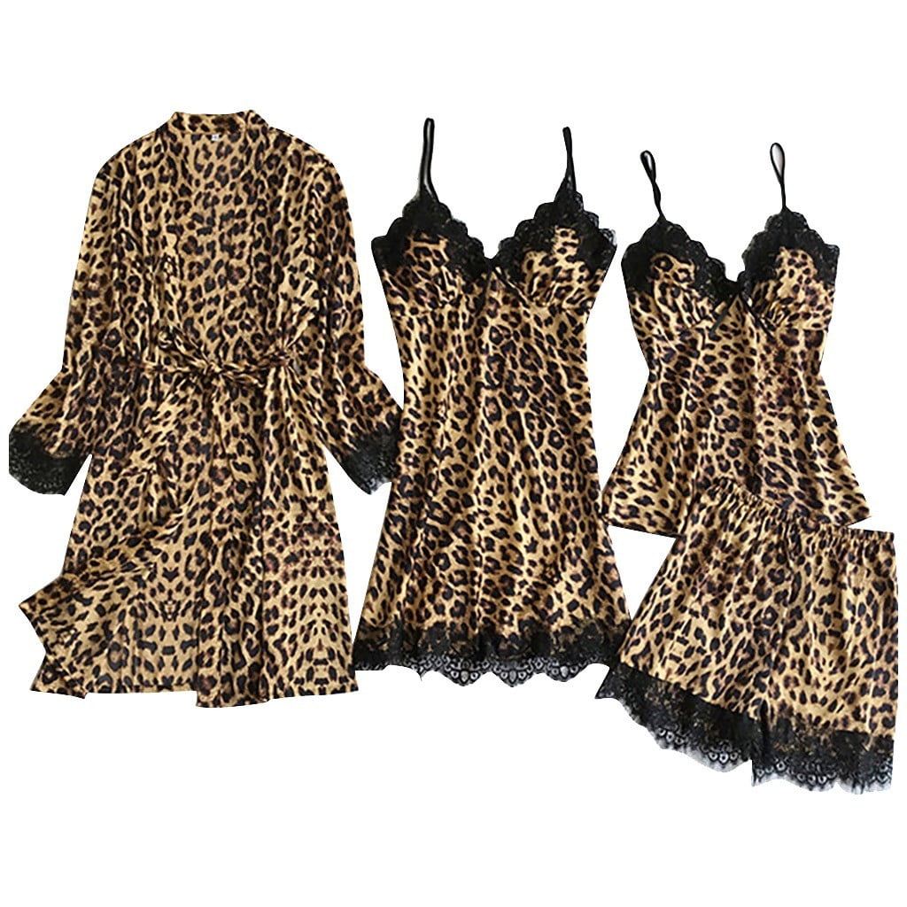 SCSAlgin Women's Leopard Print Nightgown Satin Silk Pajamas Sexy ...