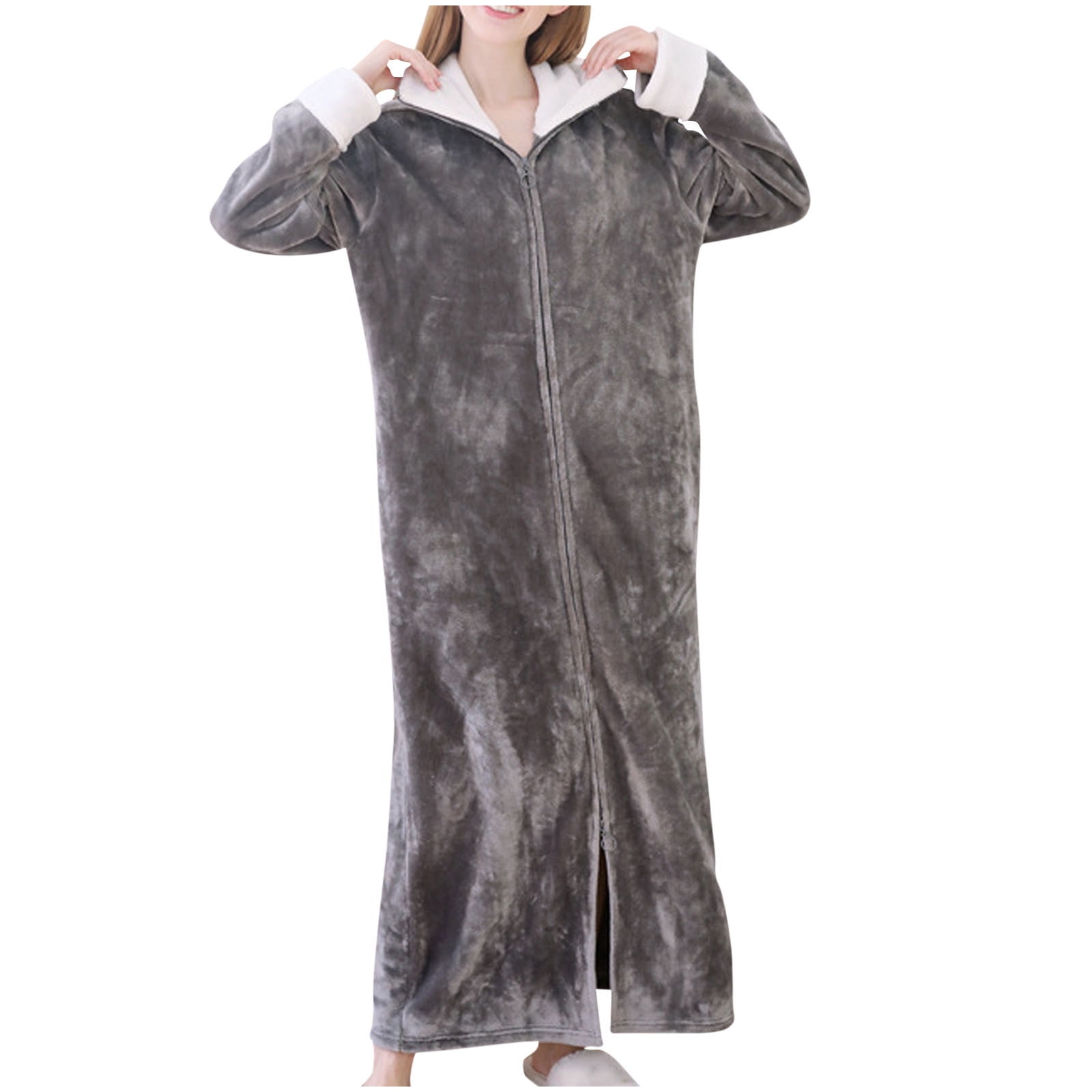 SCSAlgin Women's Long Housecoat Fuzzy Bath Robe Fleece Oversized Zipper ...