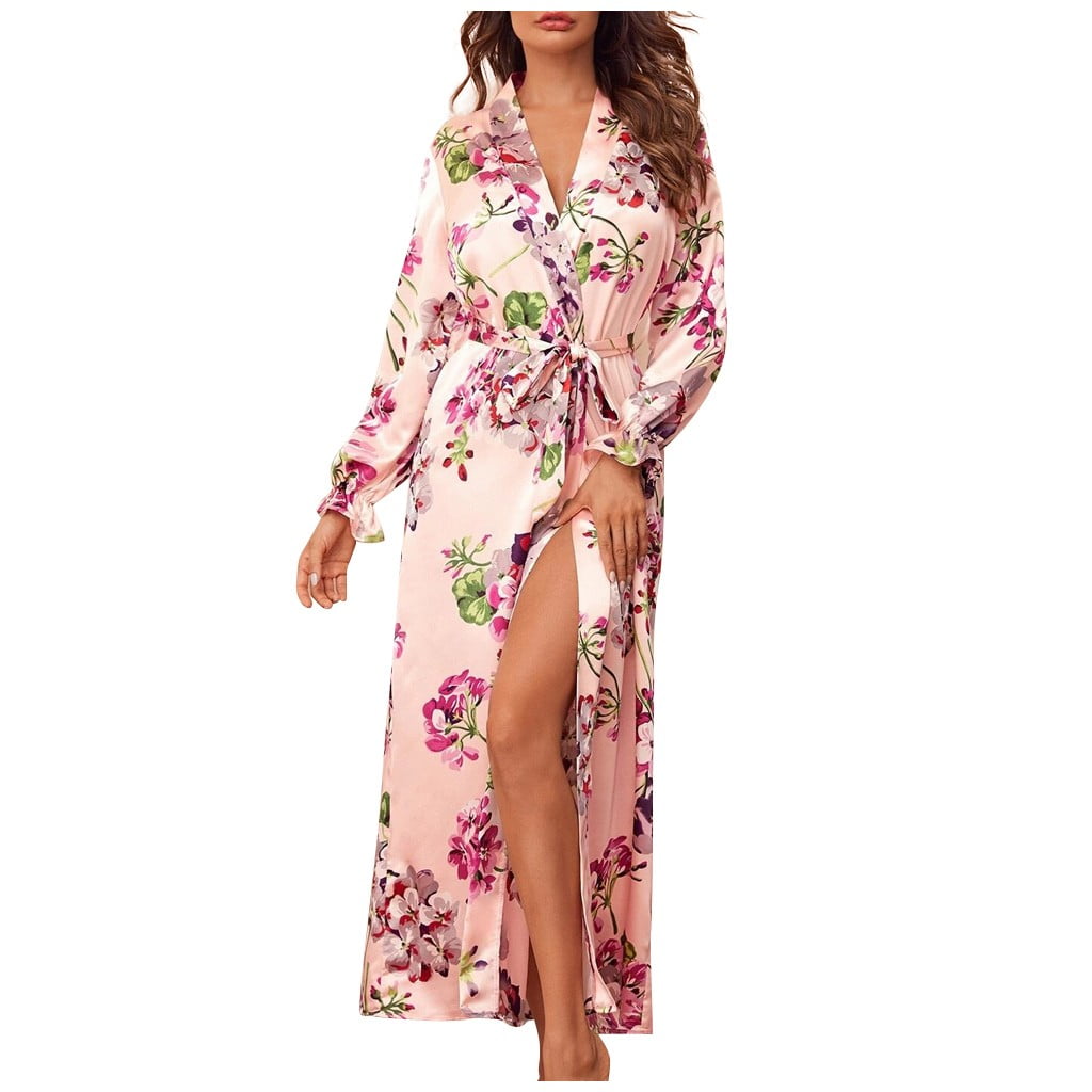 SCSAlgin Women's Long Silk Robes Lightweight Long Satin Floral Print ...