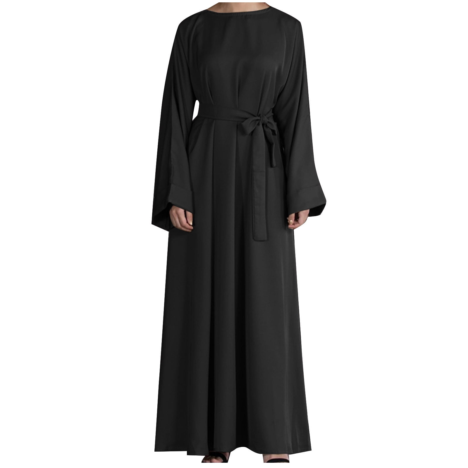 SCSAlgin Women's Muslim Kaftan Abaya Dress Long Sleeve Self Tie Maxi ...