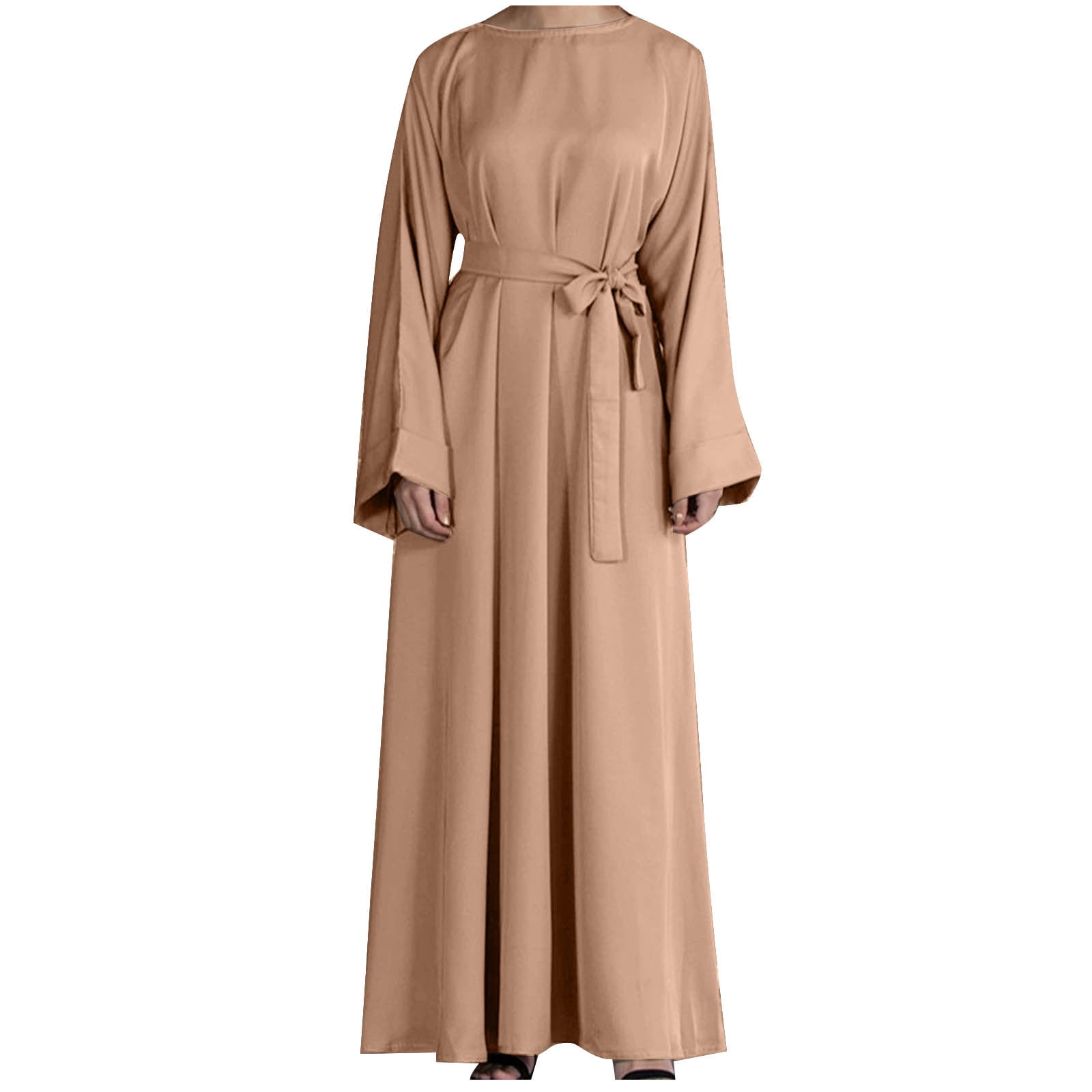 SCSAlgin Women's Muslim Kaftan Abaya Dress Long Sleeve Self Tie Maxi ...