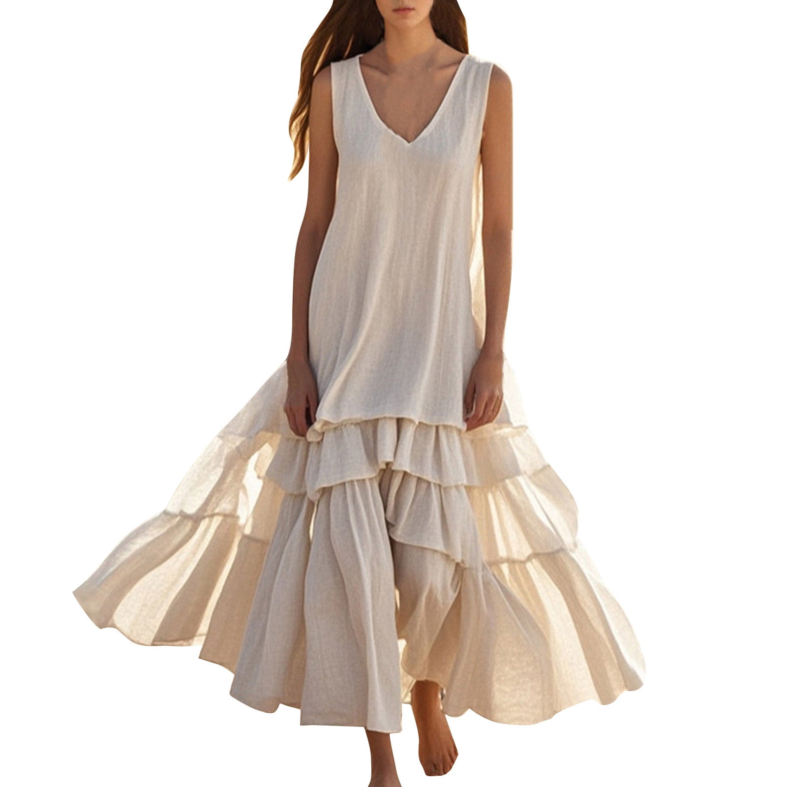 SCSAlgin Women's Summer Casual Cotton Linen Beach Midi Dress Sleeveless ...