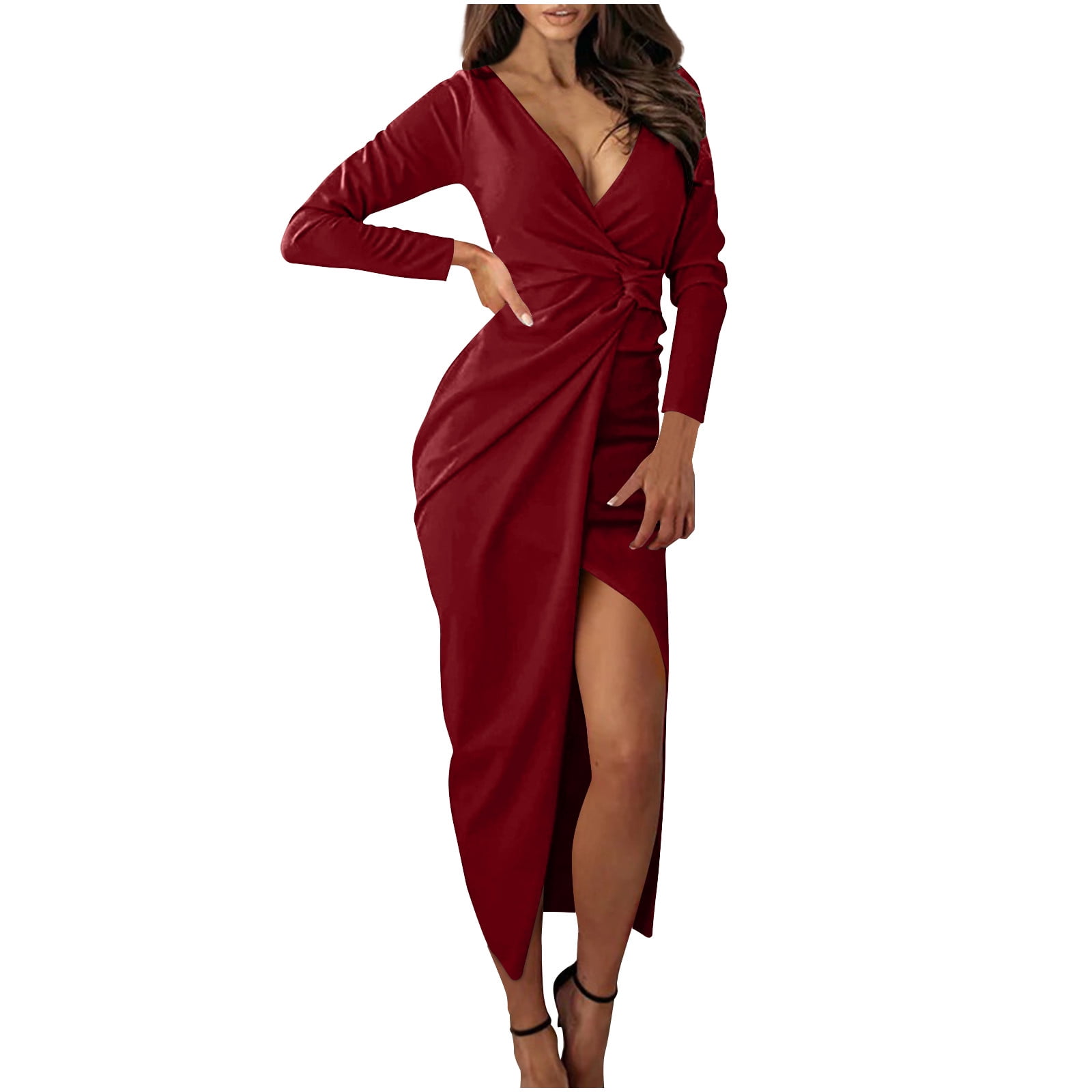 SCSAlgin Women's Wedding Guest High Split Evening Dress Deep V Neck ...