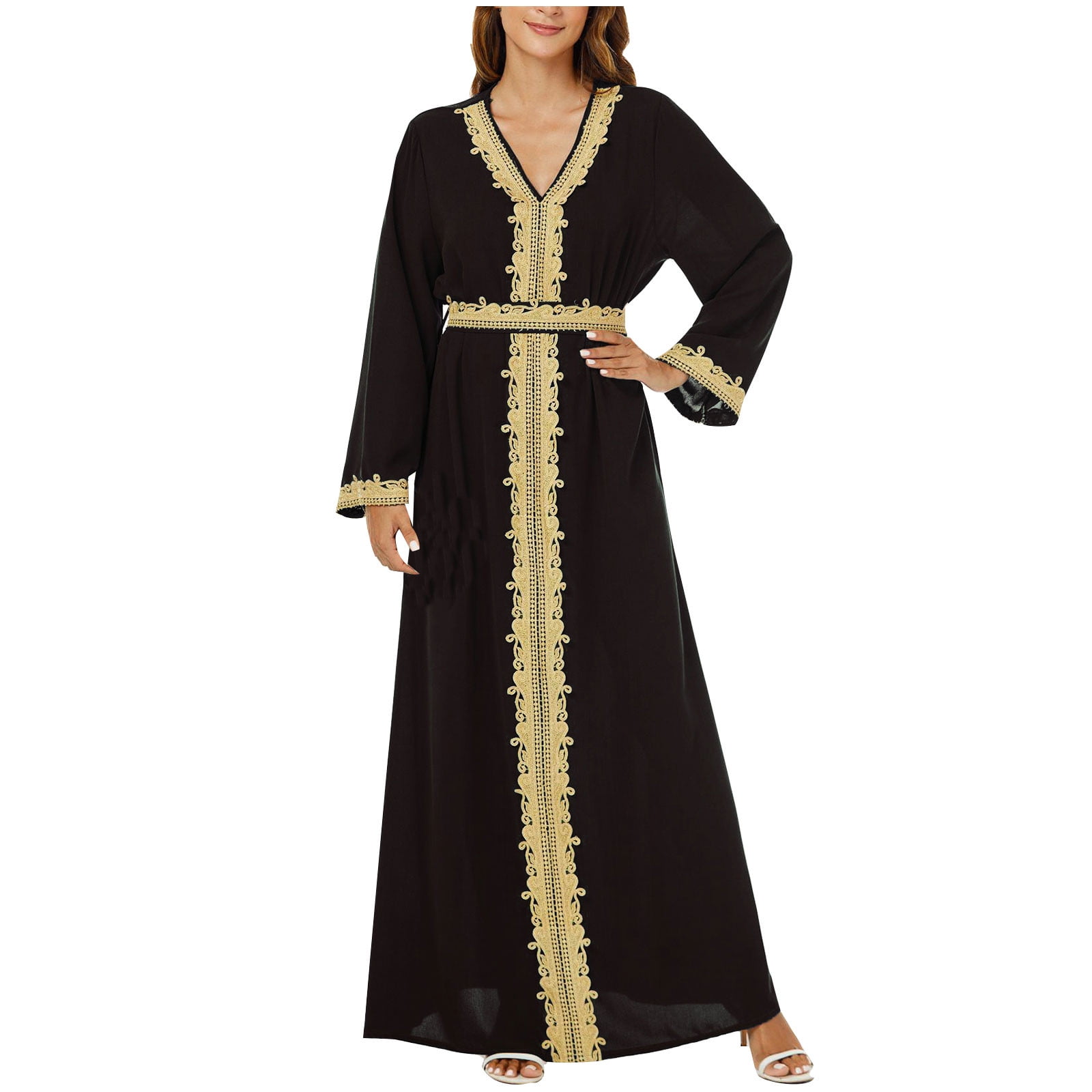 SCSAlgin Womens Muslim Abaya Dress Long Sleeve V Neck Dubai Attire ...