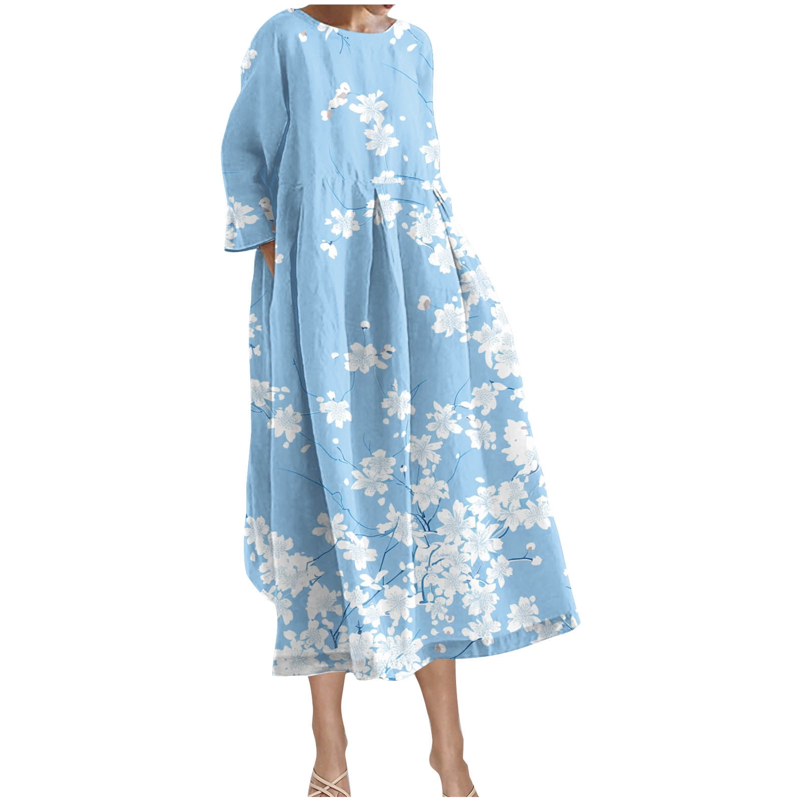 SCSAlgin Womens Plus Size Floral Print Dress Casual Long Sleeve Empire ...