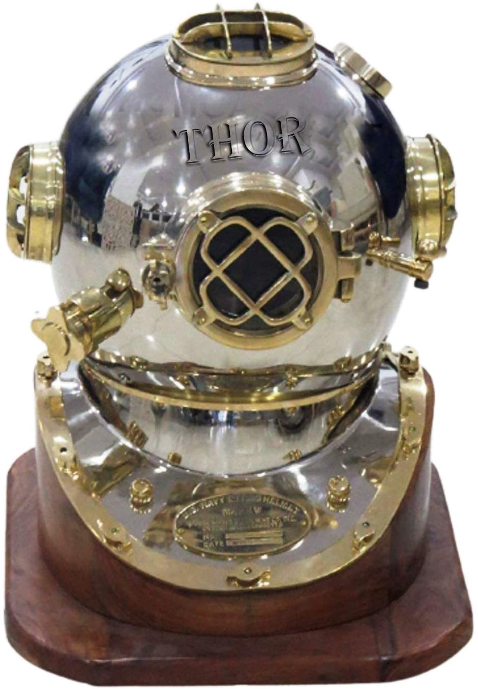 SCUBA DEEP DIVING DIVERS HELMET MARK V US NAVY VINTAGE WITH BASE SILVER ...