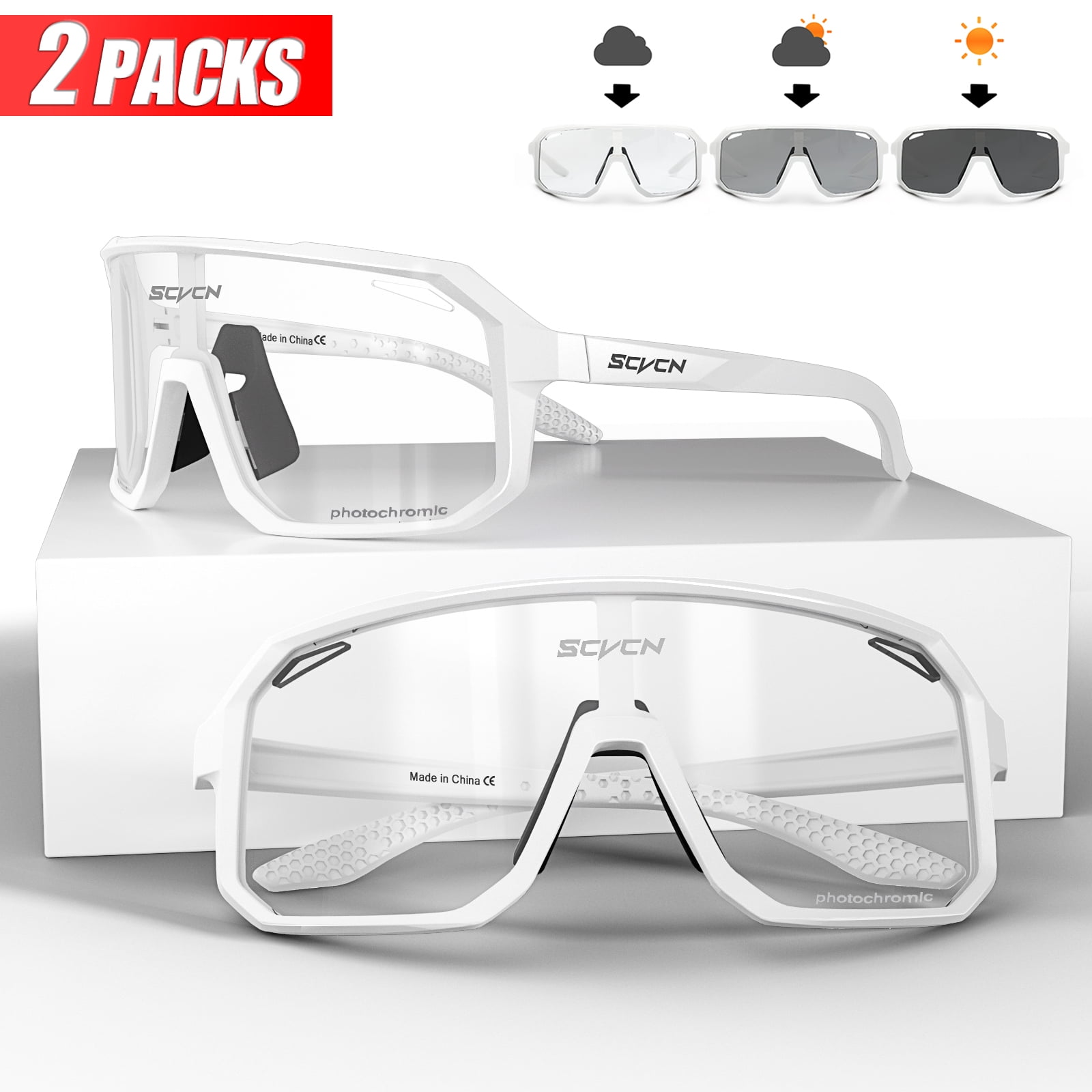 SCVCN 2 Pack Photochromic Glasses Men Discoloration Bicycle Sunglasses Outdoor Mountain Bike ...