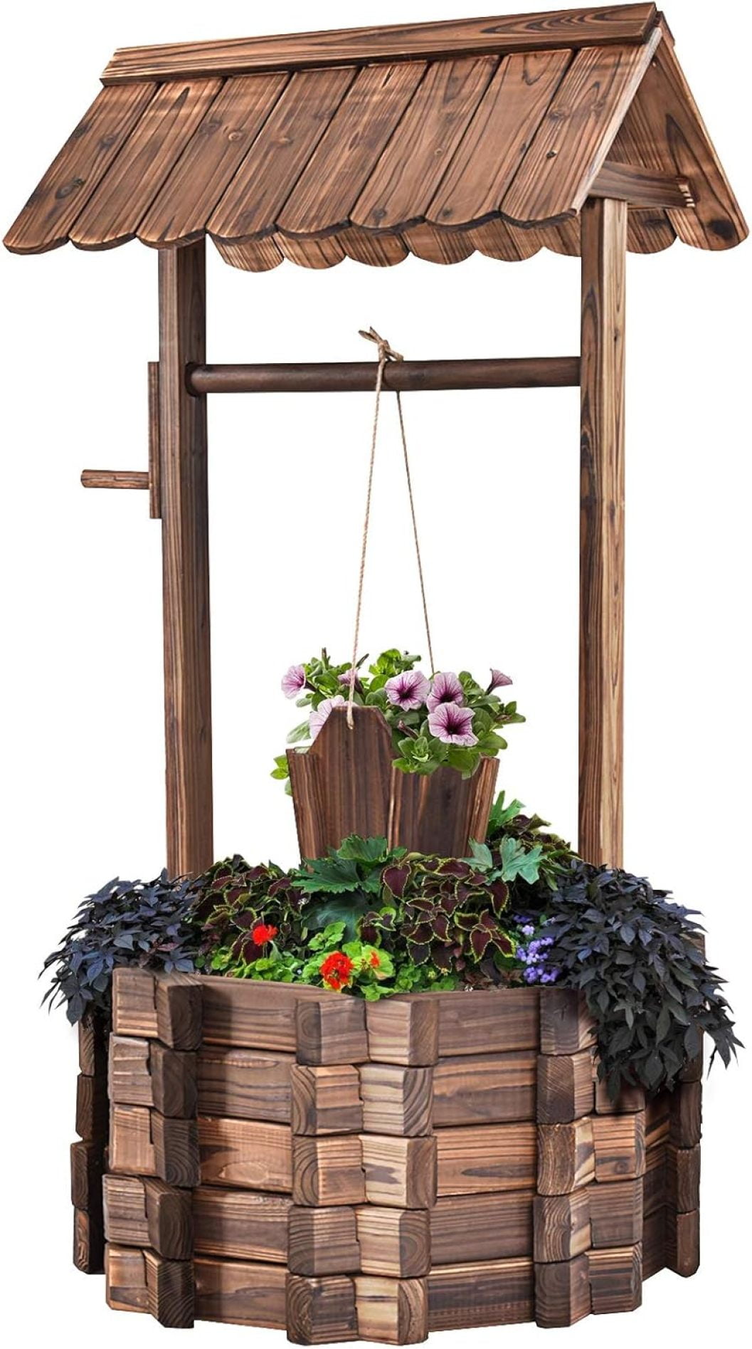 SCXP Rustic Wooden Wishing Well Planter with Hanging Bucket and Roof ...