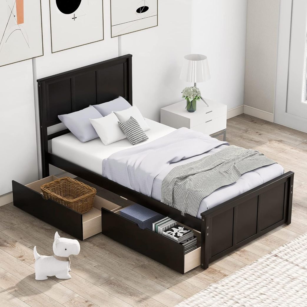 SCXP Twin Size Platform Bed with Drawer,Twin Wood Storage Bed Frame ...