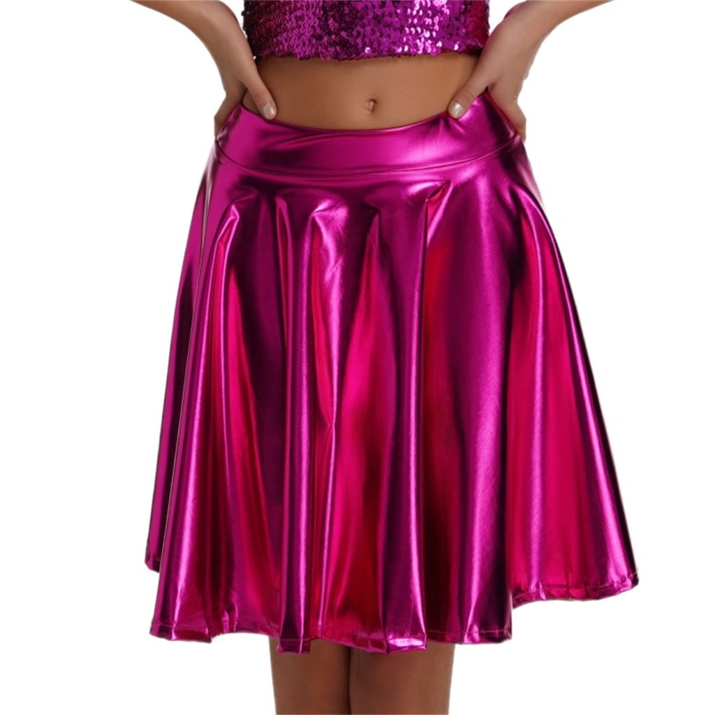 SDFGTstore Dance Floor Pleated Metallic Mini Skater Skirt High Rise ...