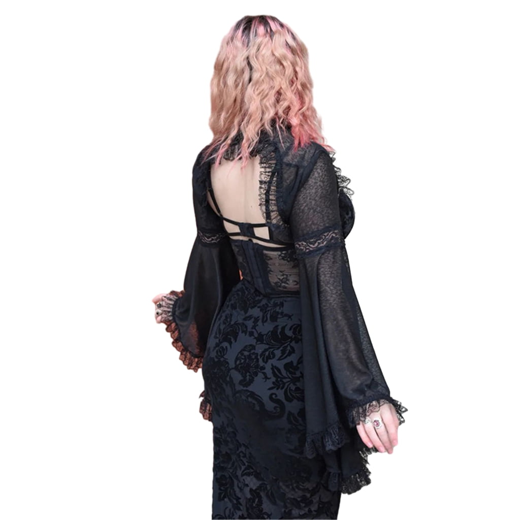 SDFGTstore Women Goth Tops Punk Cover Up Mesh Crop Top See Through Long ...