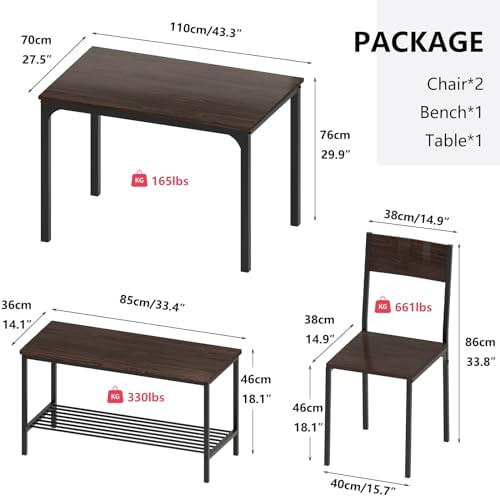 SDHYL Dining Table Set for 4, 43" Dining Room Table with Two Chairs and ...