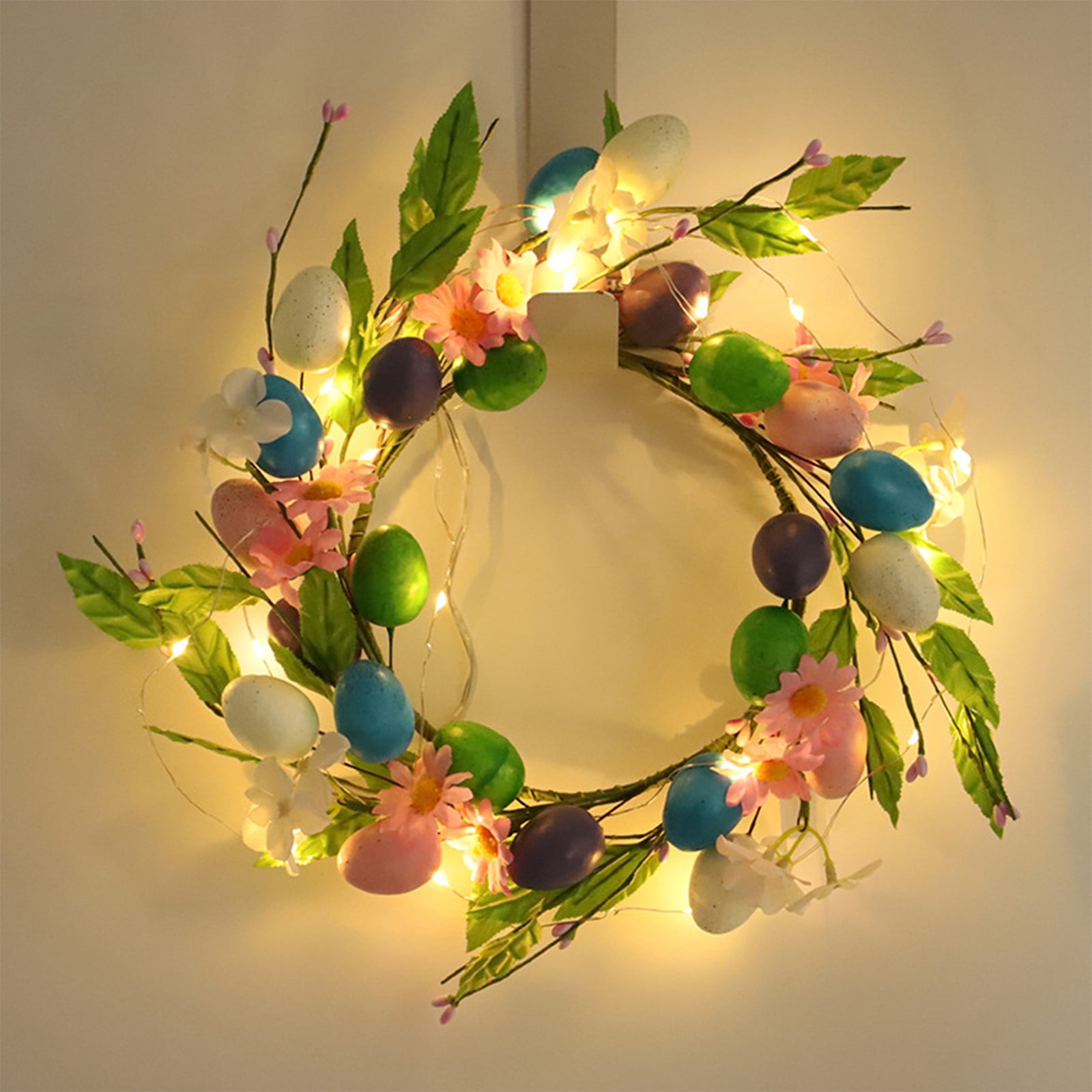 SDJMa 12 Inch Easter Egg Wreath for Front Door with Light, Artificial ...