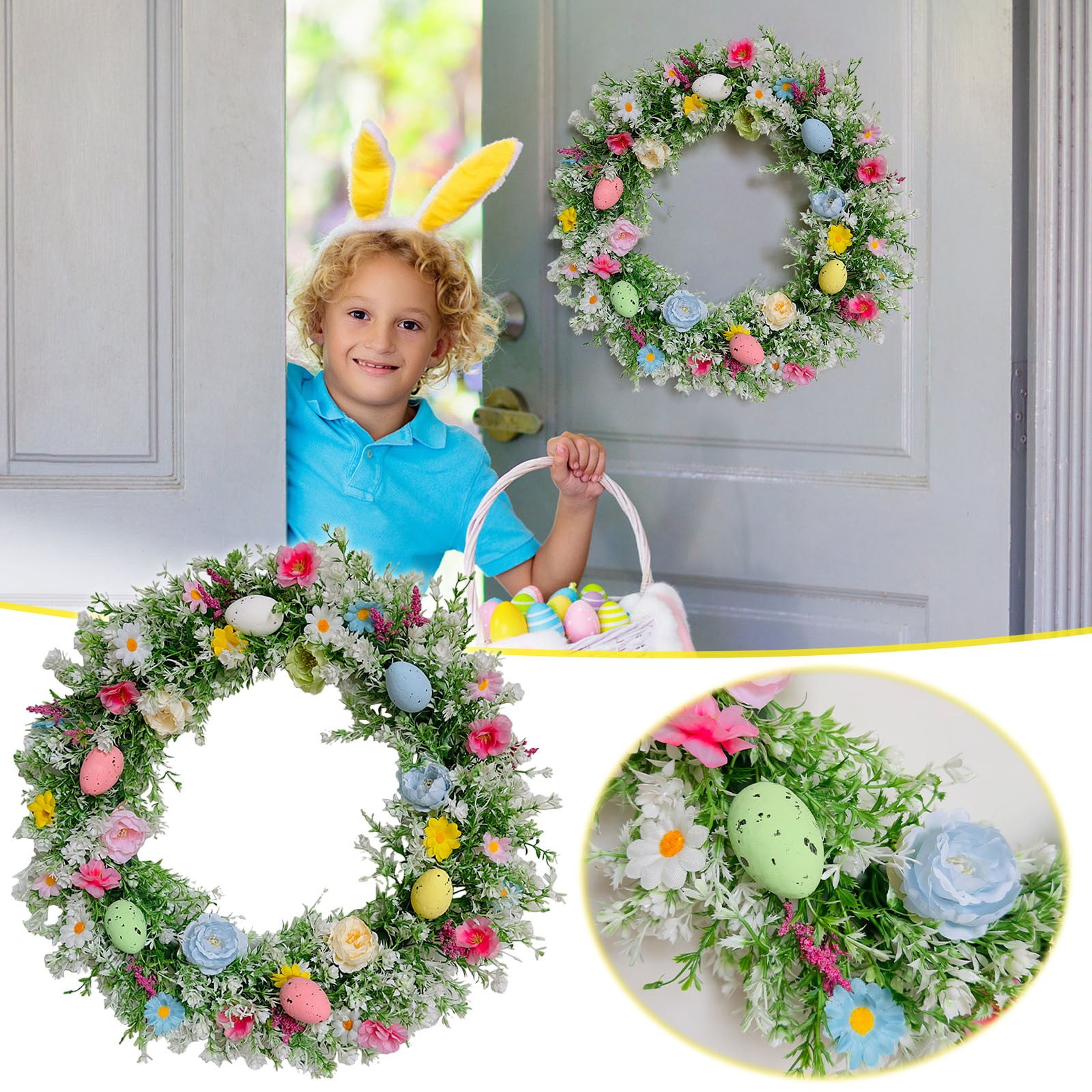 SDJMa 14 Inch Spring Easter Eggs Wreath for Front Door, Artificial ...