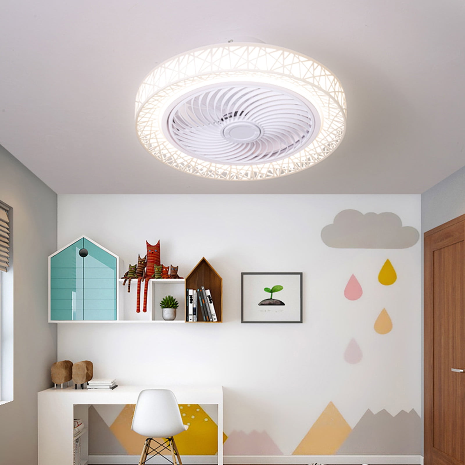 SDJMA Modern 19.6” White LED Flush Mount Ceiling Fan with Light Kit and ...