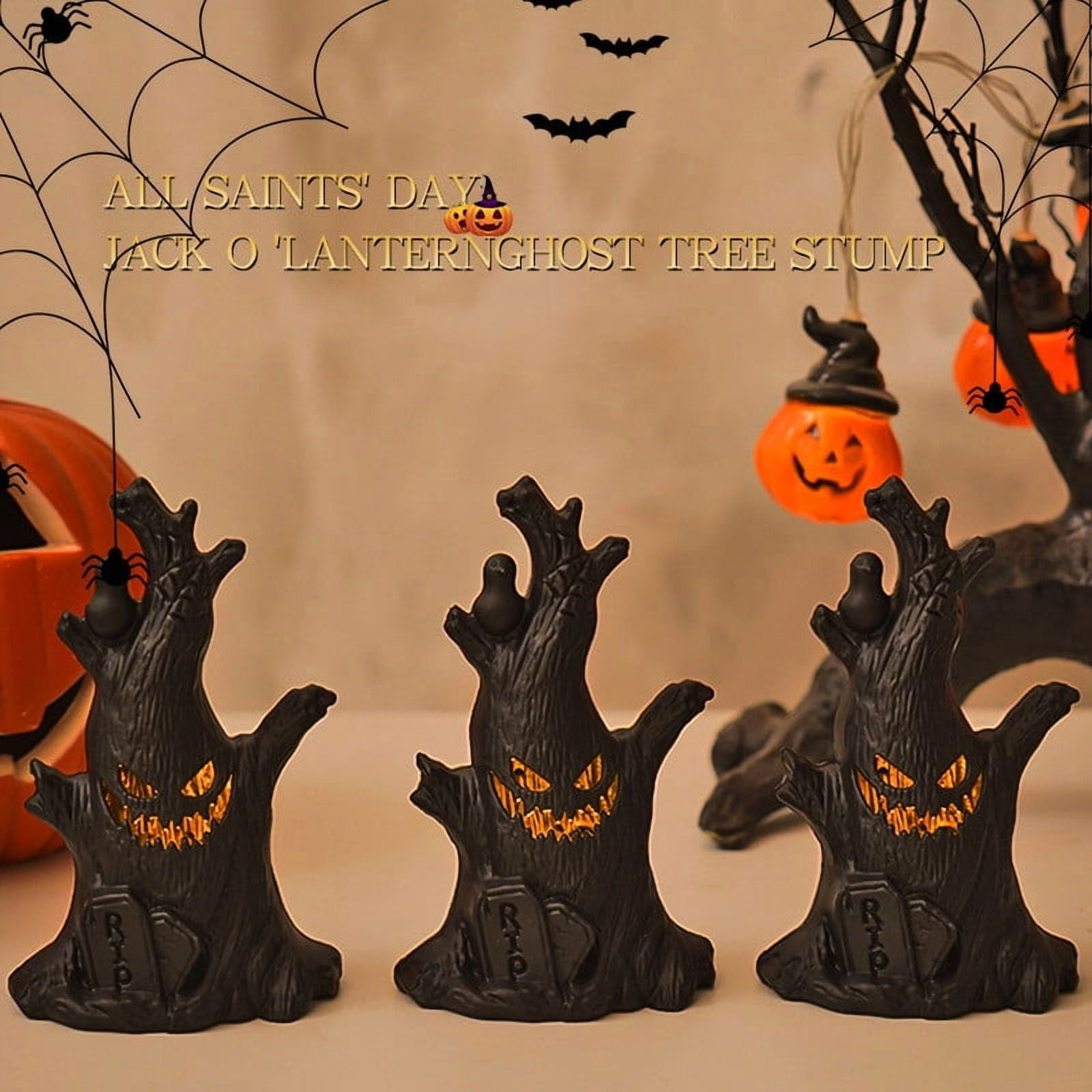 SDJMa 3 Pcs Halloween Tree Stump Figurines Garden Miniatures, Battery ...