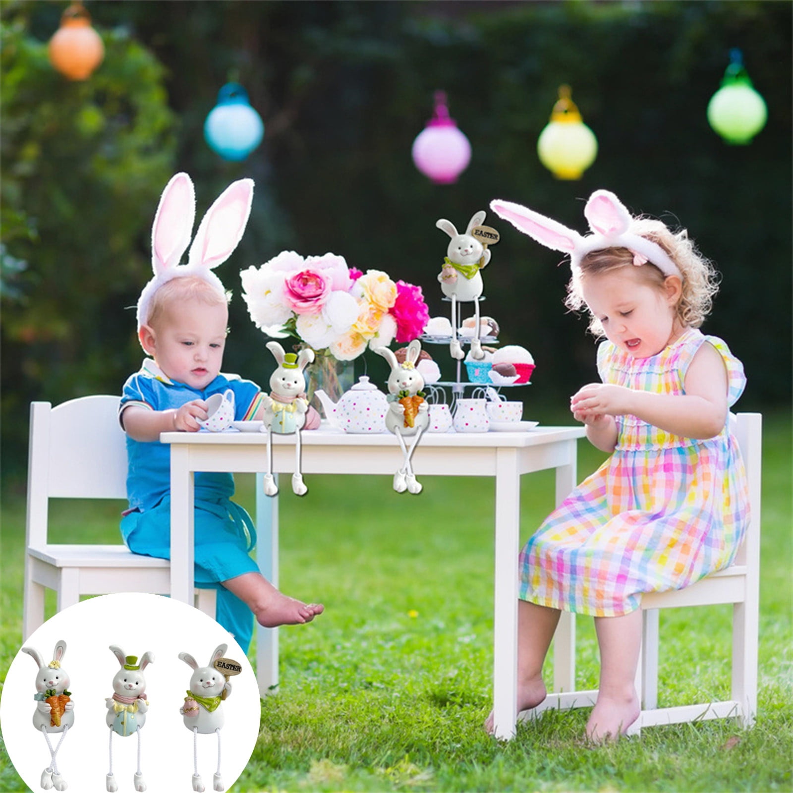 SDJMa 3Pcs Rabbit Shelf Sitters with Dangling Legs, Resin Easter Bunny ...