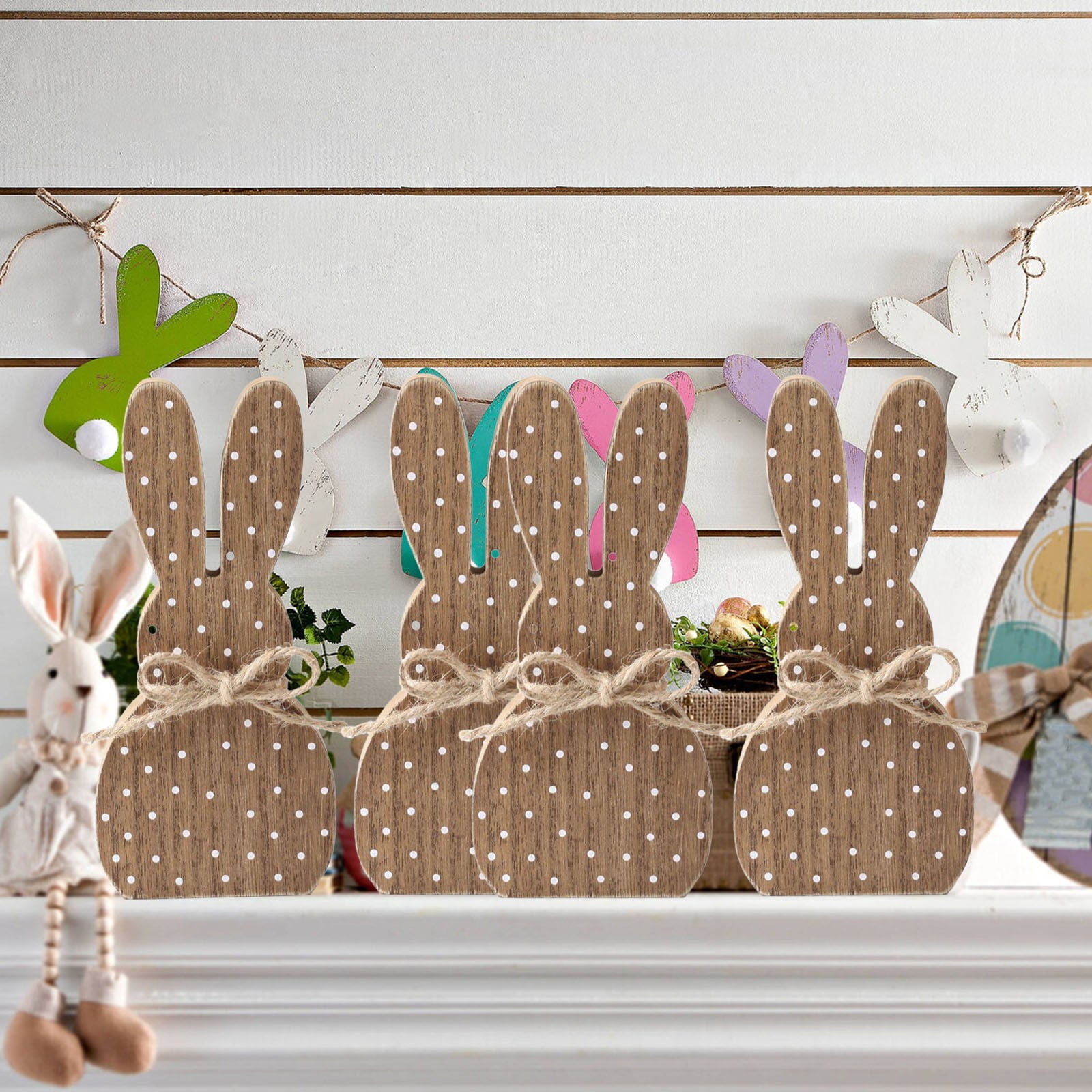 SDJMa 4 Pcs Easter Bunny Wooden Signs, Rustic Polka Dot Rabbit Shaped ...